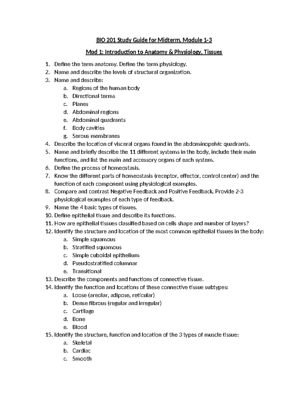 BIO 201 Midterm Study Guide: Anatomy, Physiology & Muscular System ...