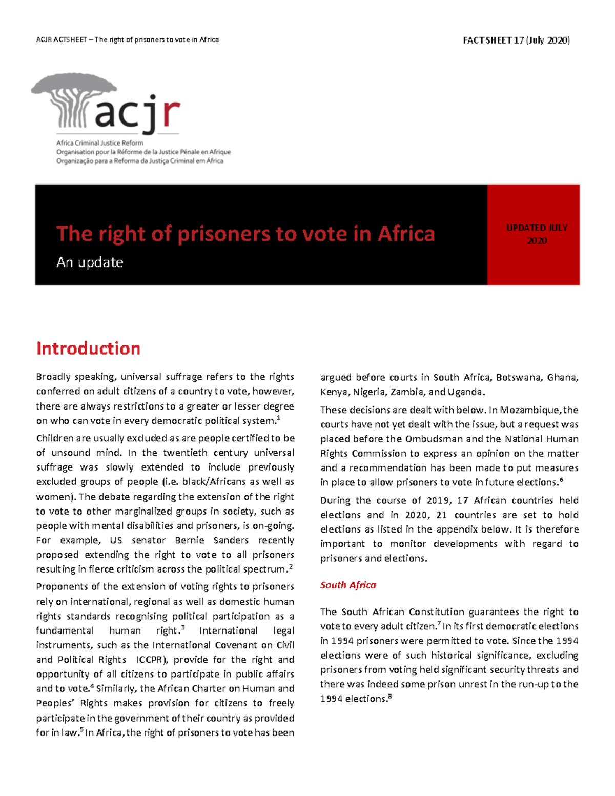 FACT SHEET 17: The Right of Prisoners to Vote in Africa (Updated July ...