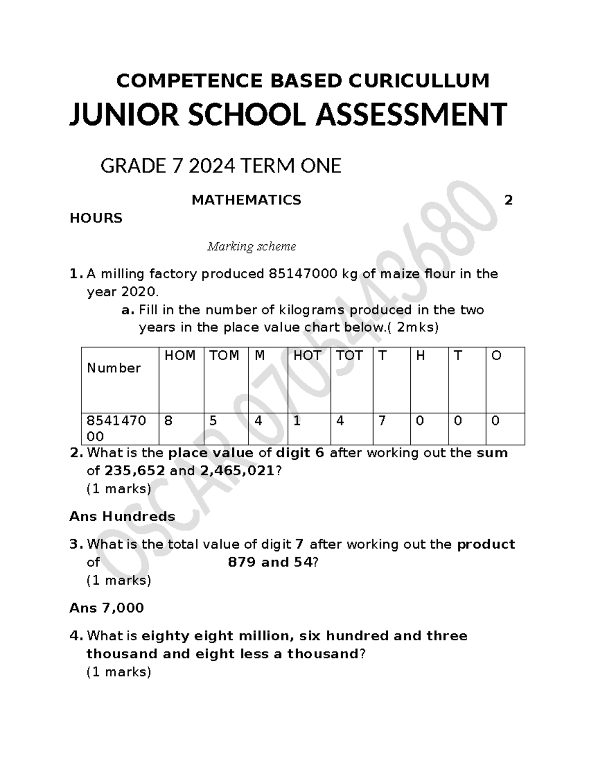 Grade 7 Mathematics Term 1 Assessment Marking Scheme 2024 - Studocu