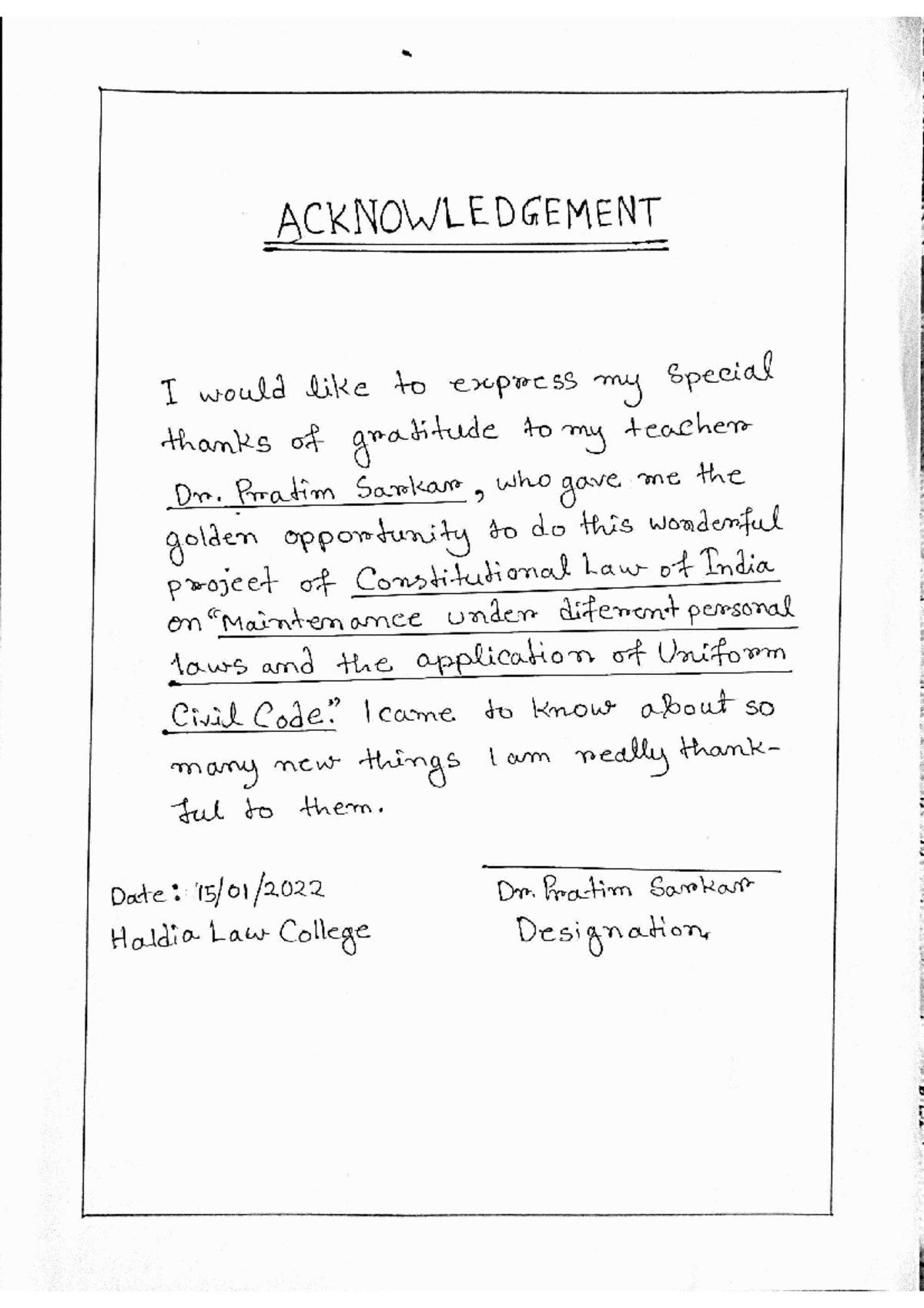 Constitution of India Project Work on Personal Laws and Maintenance ...