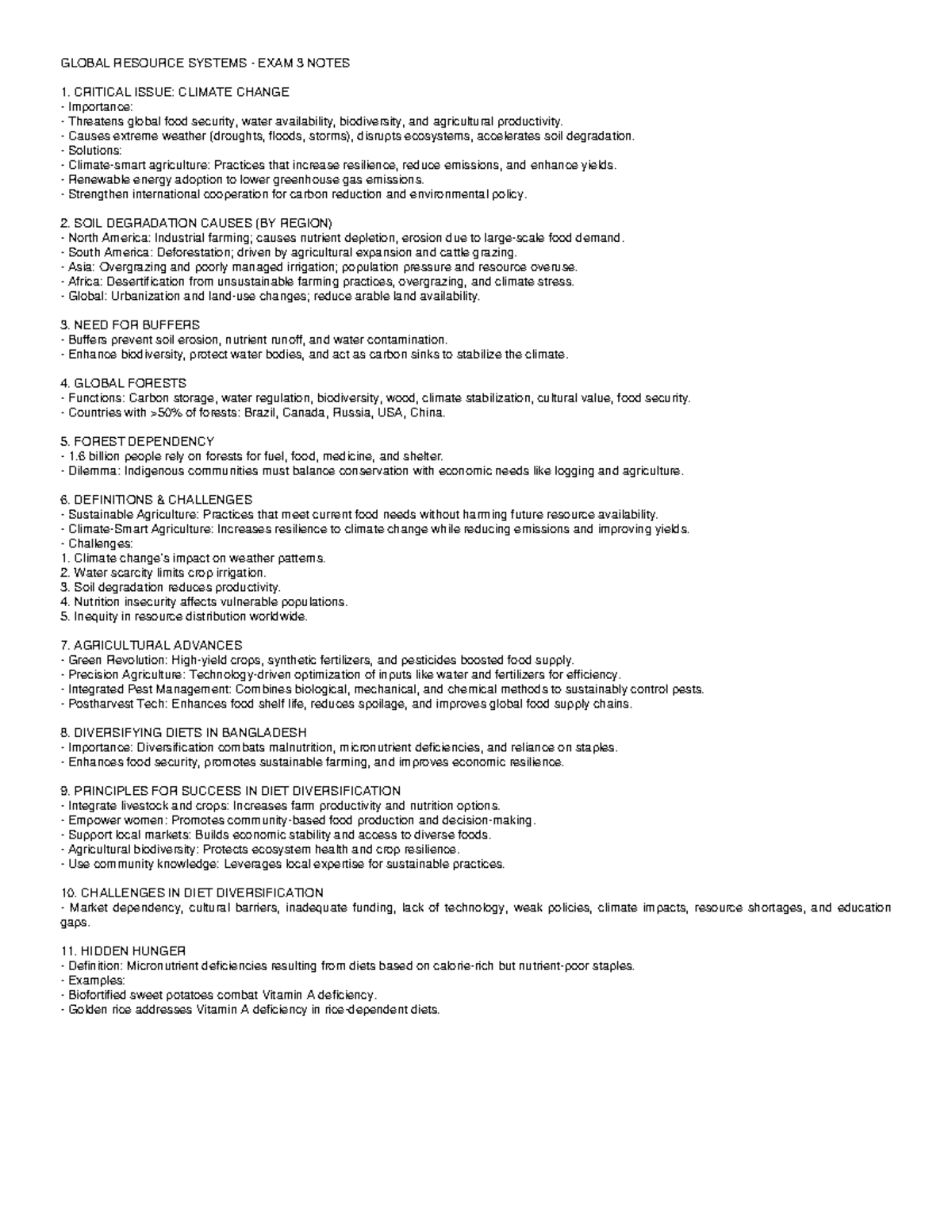 Short Exam 3 Note Sheet - GLOBAL RESOURCE SYSTEMS - EXAM 3 NOTES 1 ...