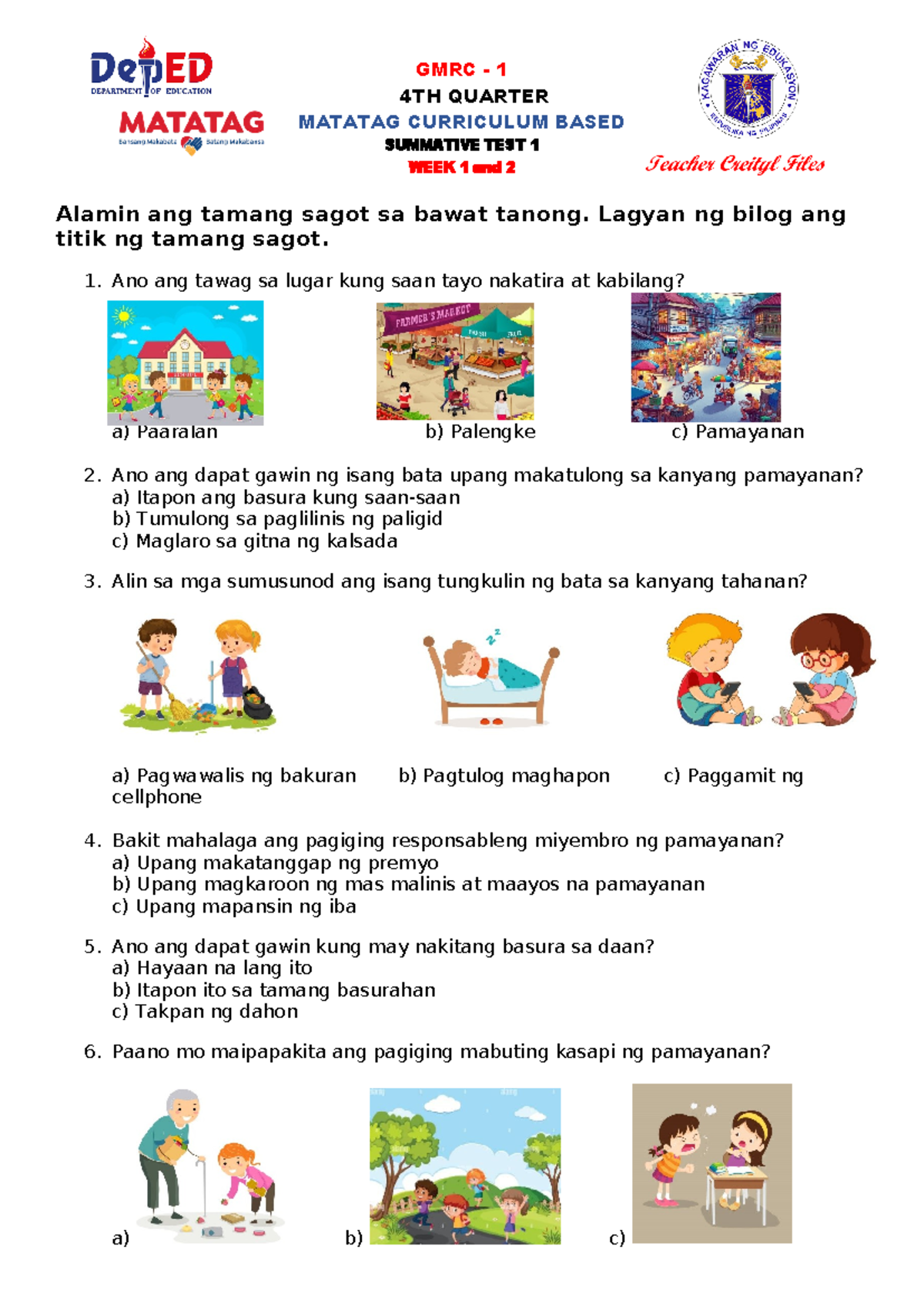 GMRC 1: Summative Test 1 for Week 1 & 2, Quarter 4 - Studocu