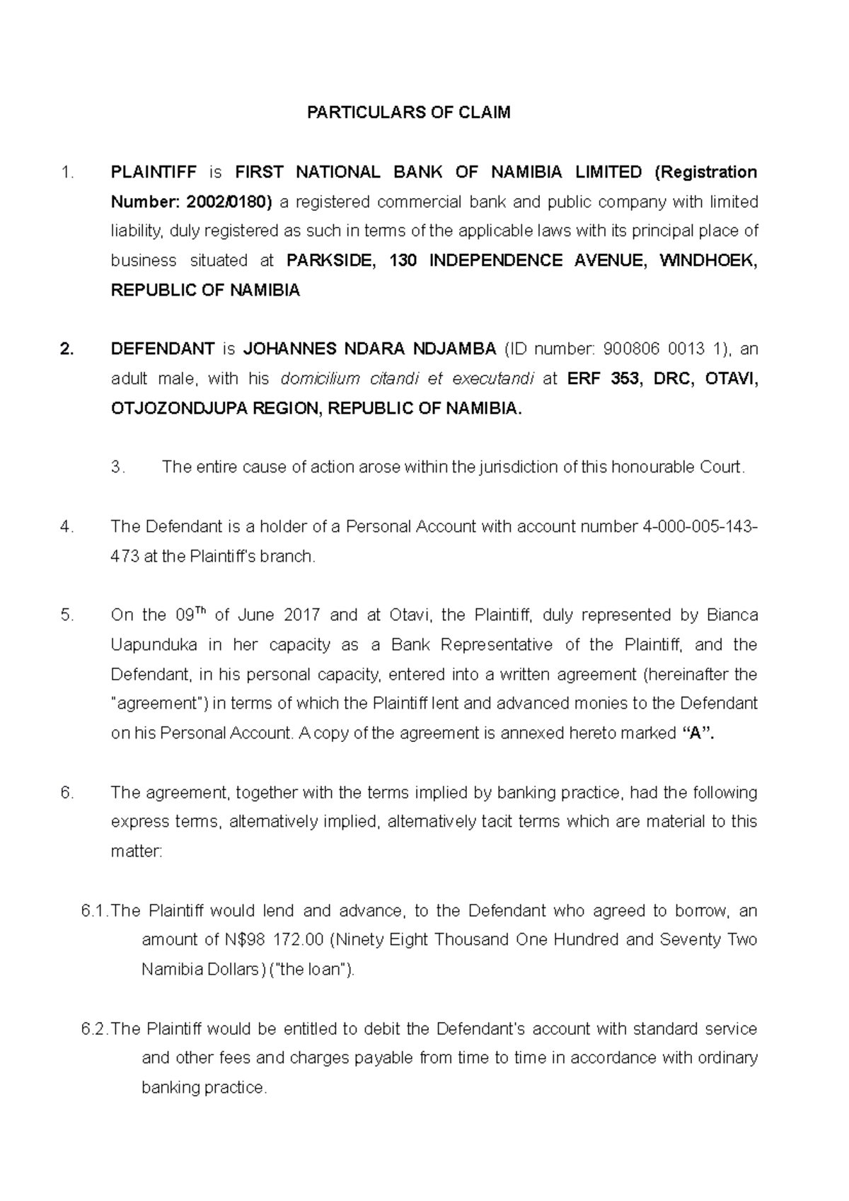 Particulars of Claim: Breach of Loan Contract (Court Document) - Studocu