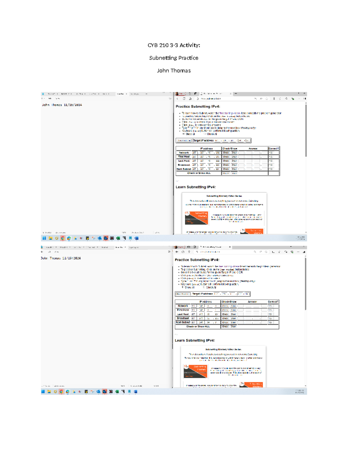 CYB 210 Subnetting Practice Activity by John Thomas - Studocu