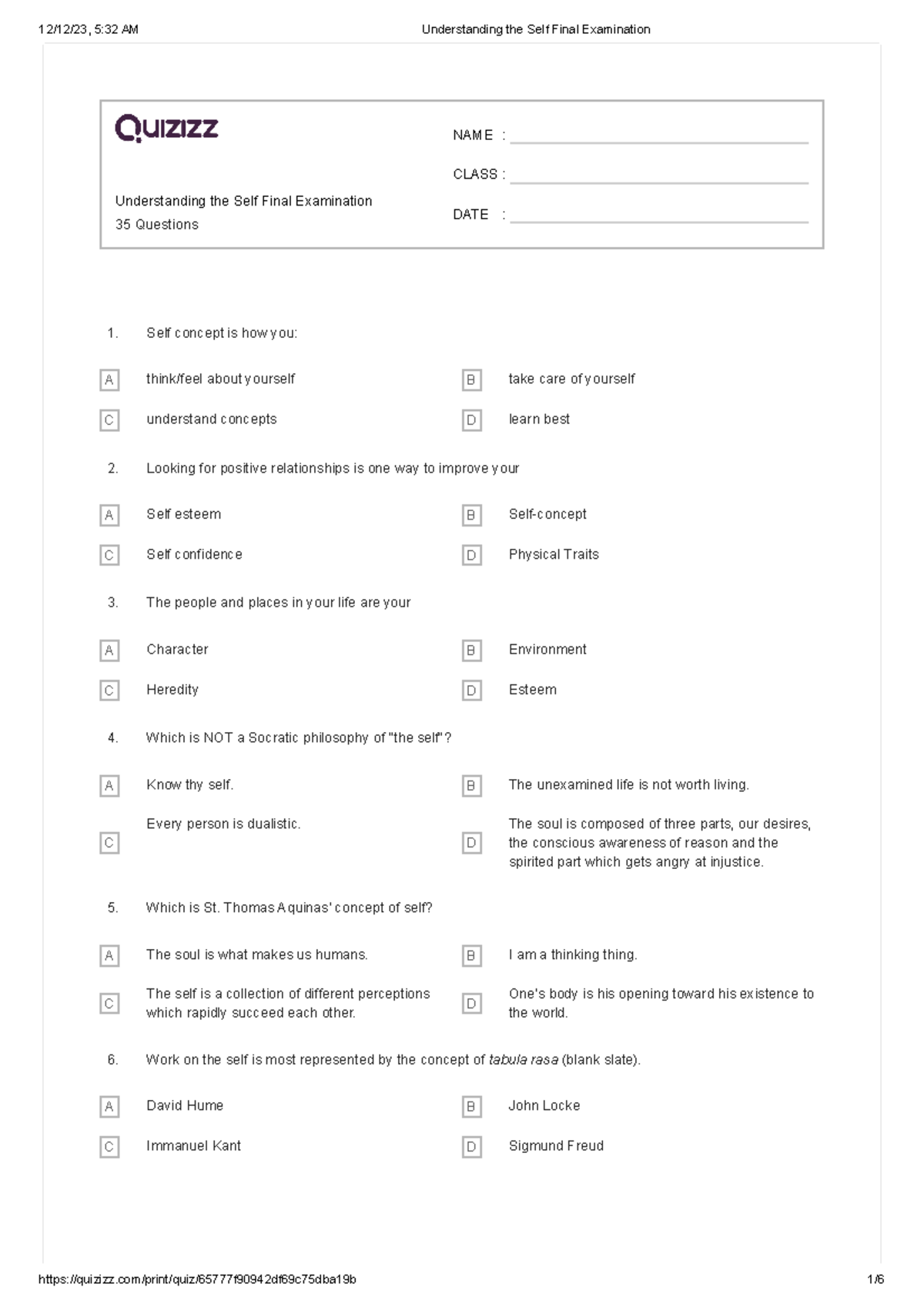 Understanding the Self: Final Exam Review Questions (Course Code) - Studocu