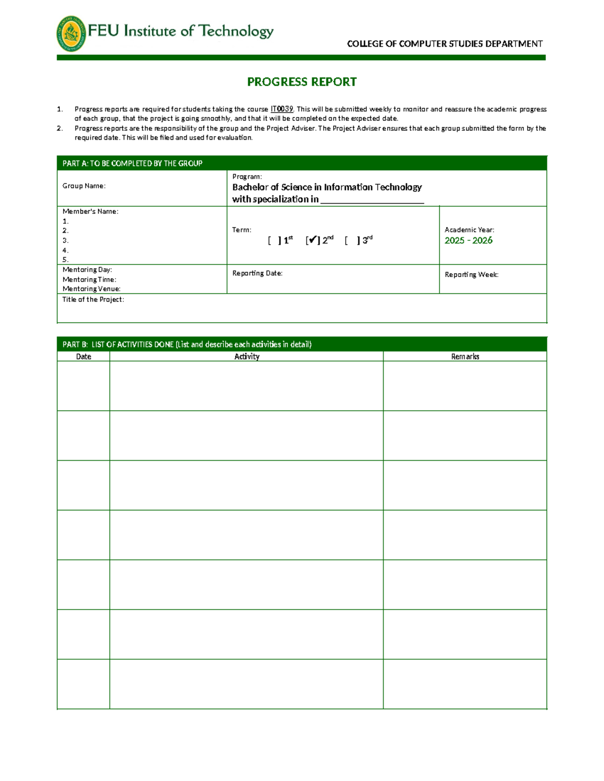 IT0039 Progress Report Template for Project Monitoring - Studocu