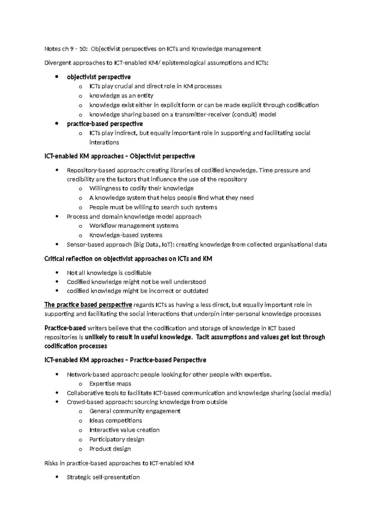 Notes on Ch 9 & 10: Objectivist Perspectives in ICTs & KM - Studocu