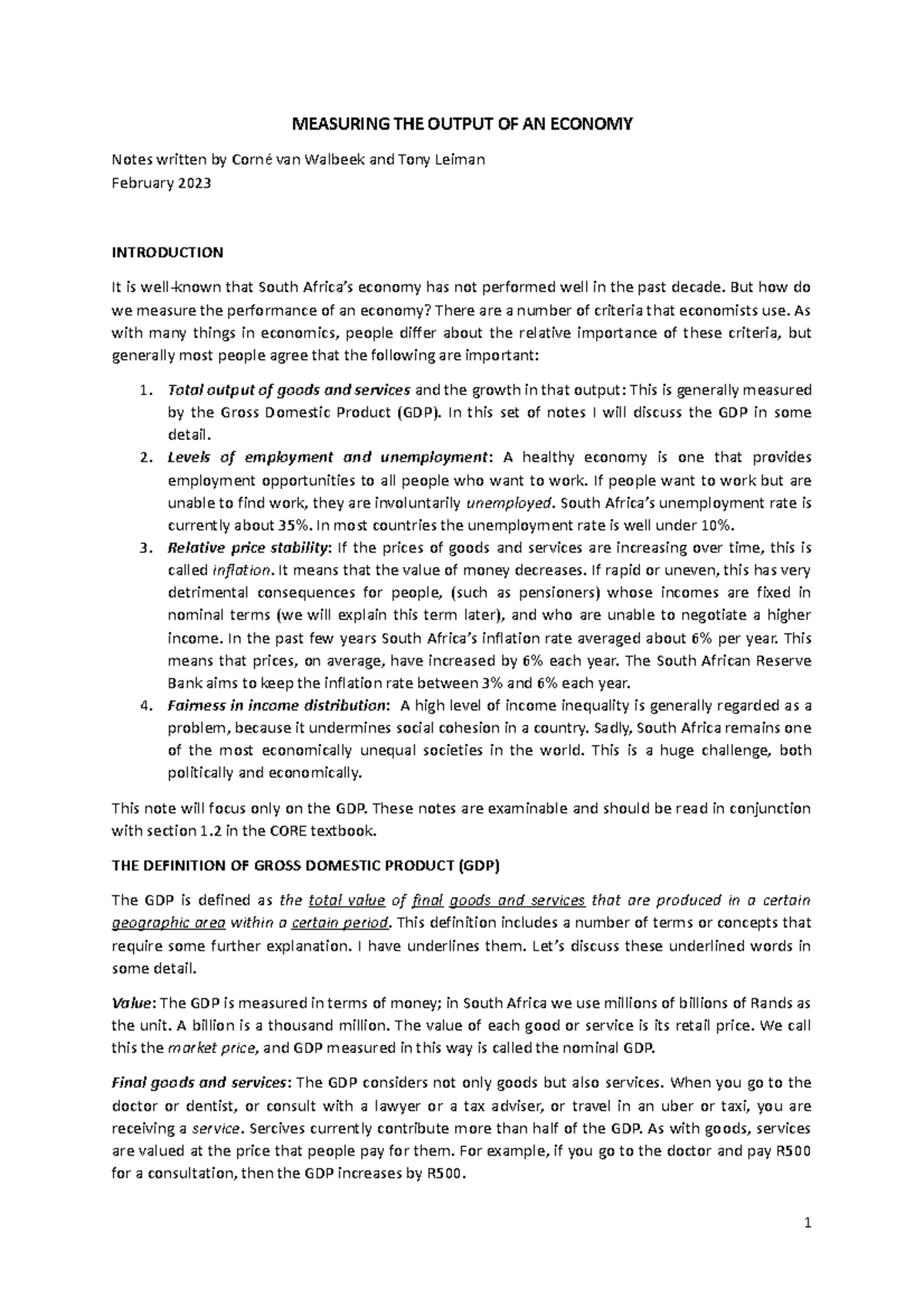 GDP Measurement and Analysis: Notes by Cv W and TL (Feb 2023) - Studocu