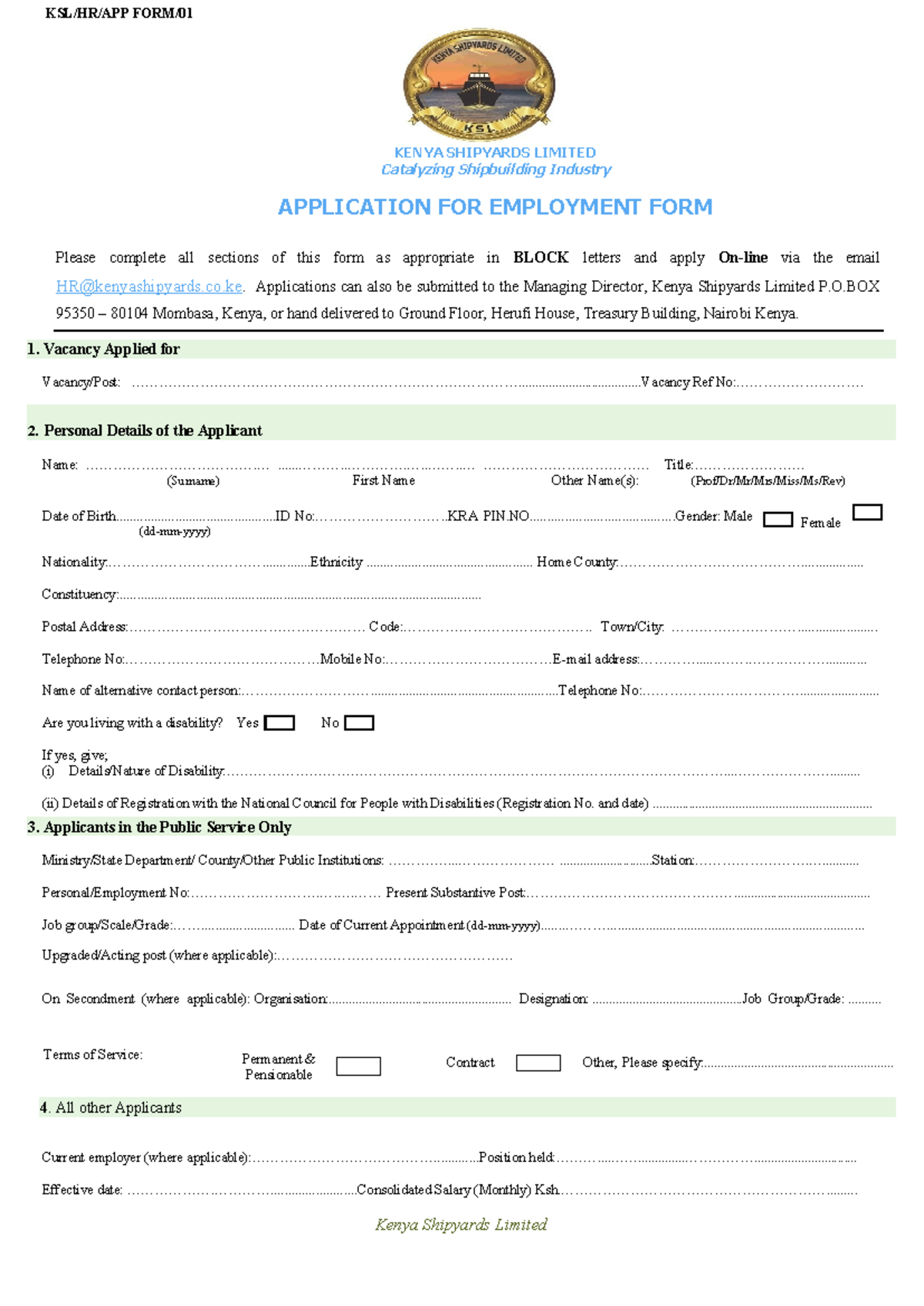 KSL Employment Form for Kenya Shipyards Limited Application - Studocu