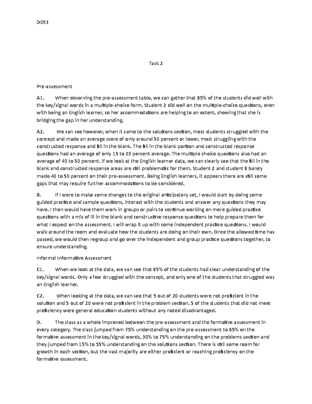 D093 Task 2 Analysis: Student Performance & Improvement Insights - Studocu