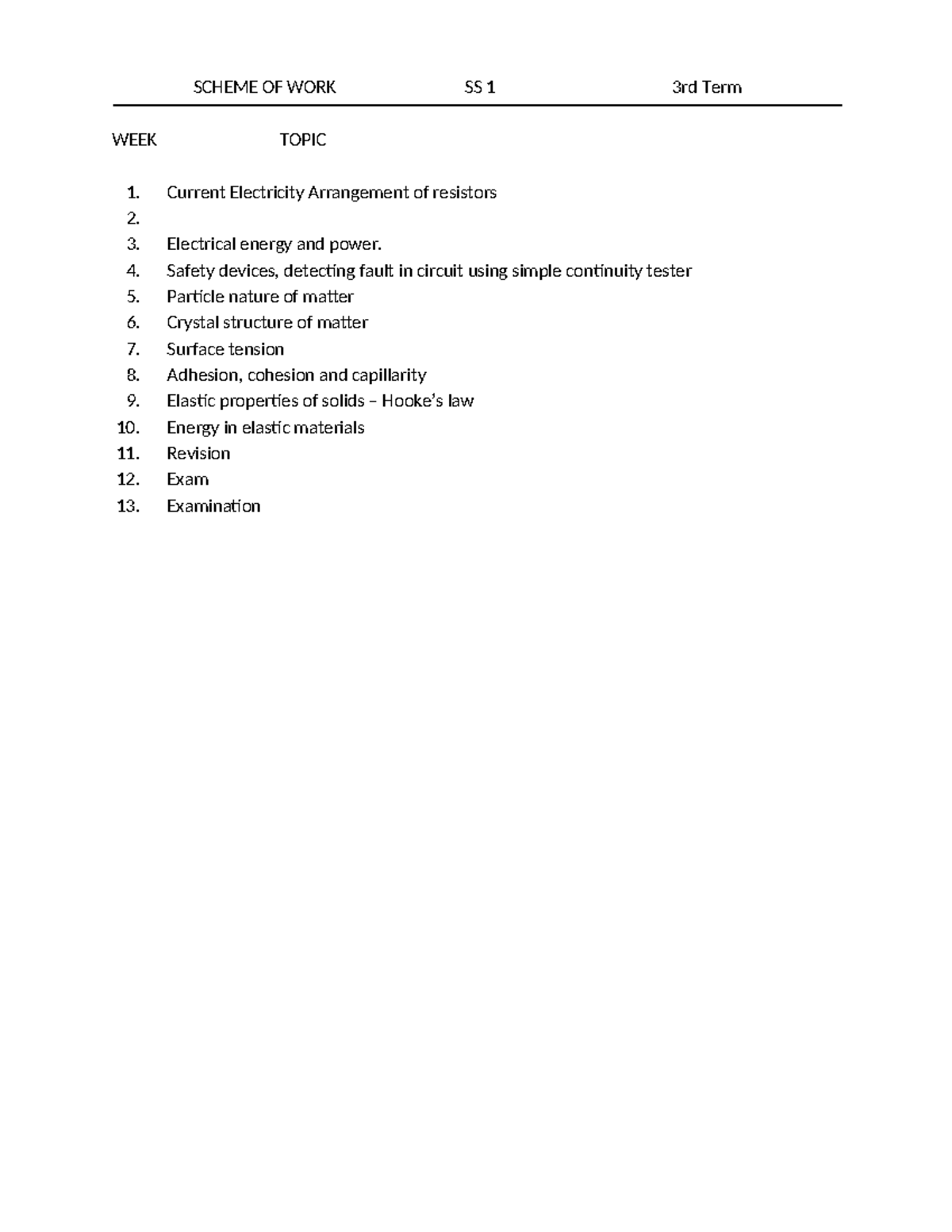 PHY SS 1 3RD TERM Lesson Plan: Current Electricity & Electrical Energy ...