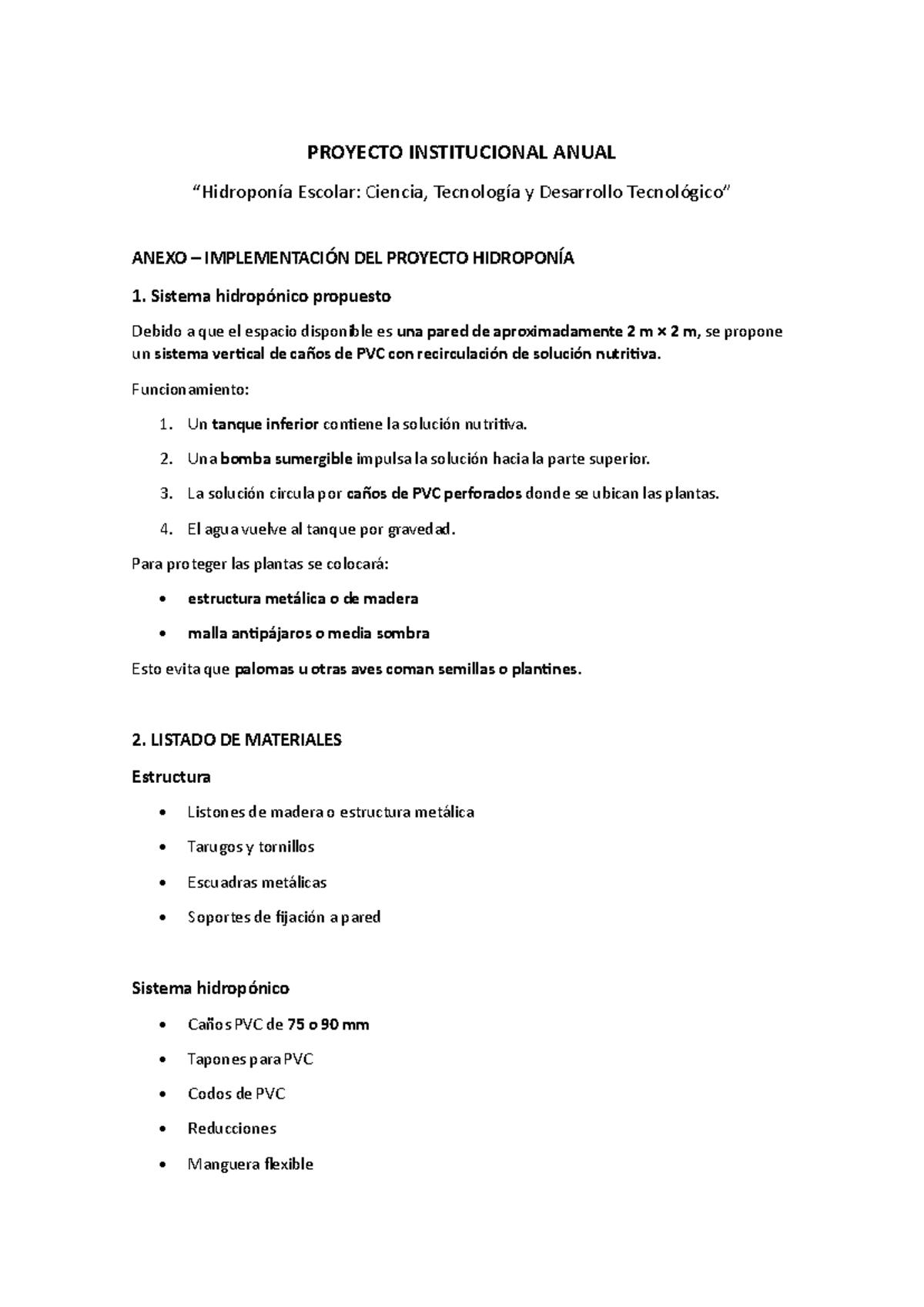 Proyecto Hidroponía: Implementación y Actividades Anexo I - Studocu