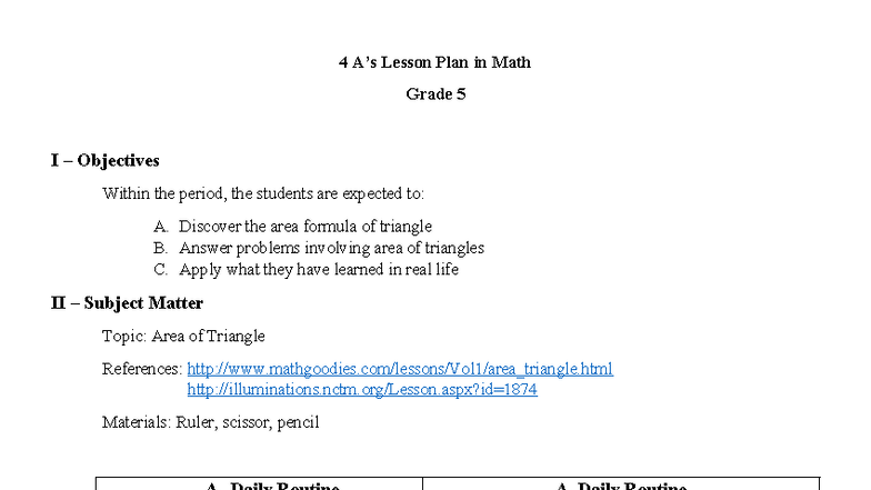387515352 Math Grade 5 Lesson Plan: Area of Triangle Activities - Studocu