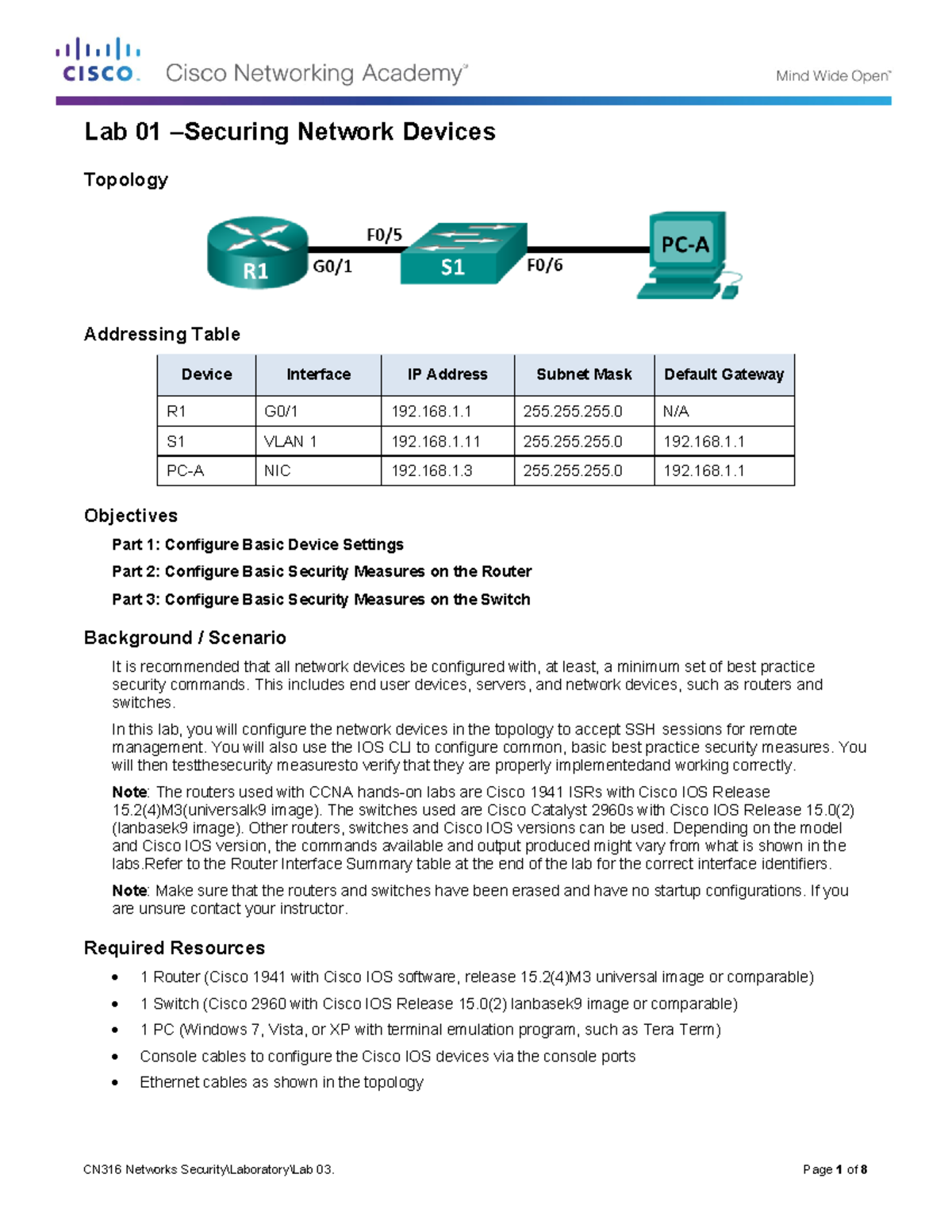 CN316 Lab 01 –Securing Network Devices - Topology Addressing Table ...