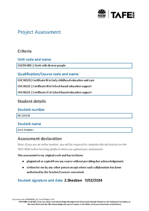 Chcece 054 AE Pro2of3 (1) - Assessment event 2 of 3: Project Unit code and name CHCECE054 ...