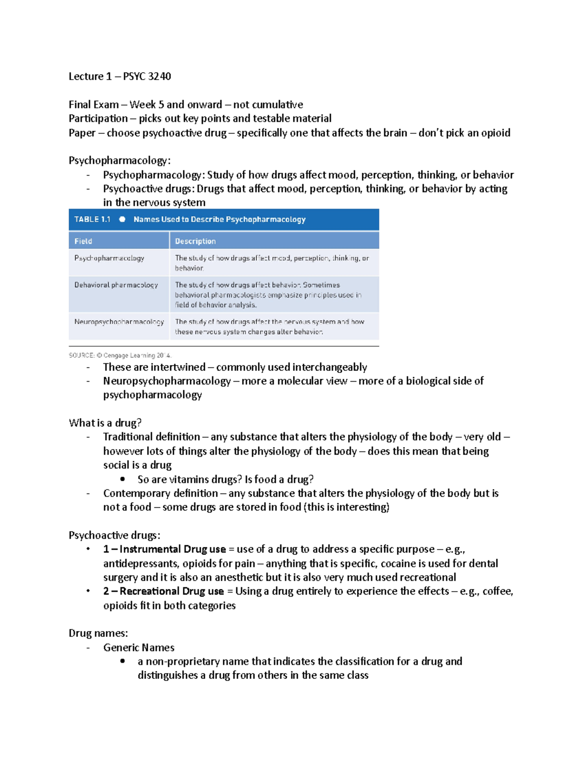 Lecture 1 Notes: Intro to Psychopharmacology - PSYC 3240 - Studocu