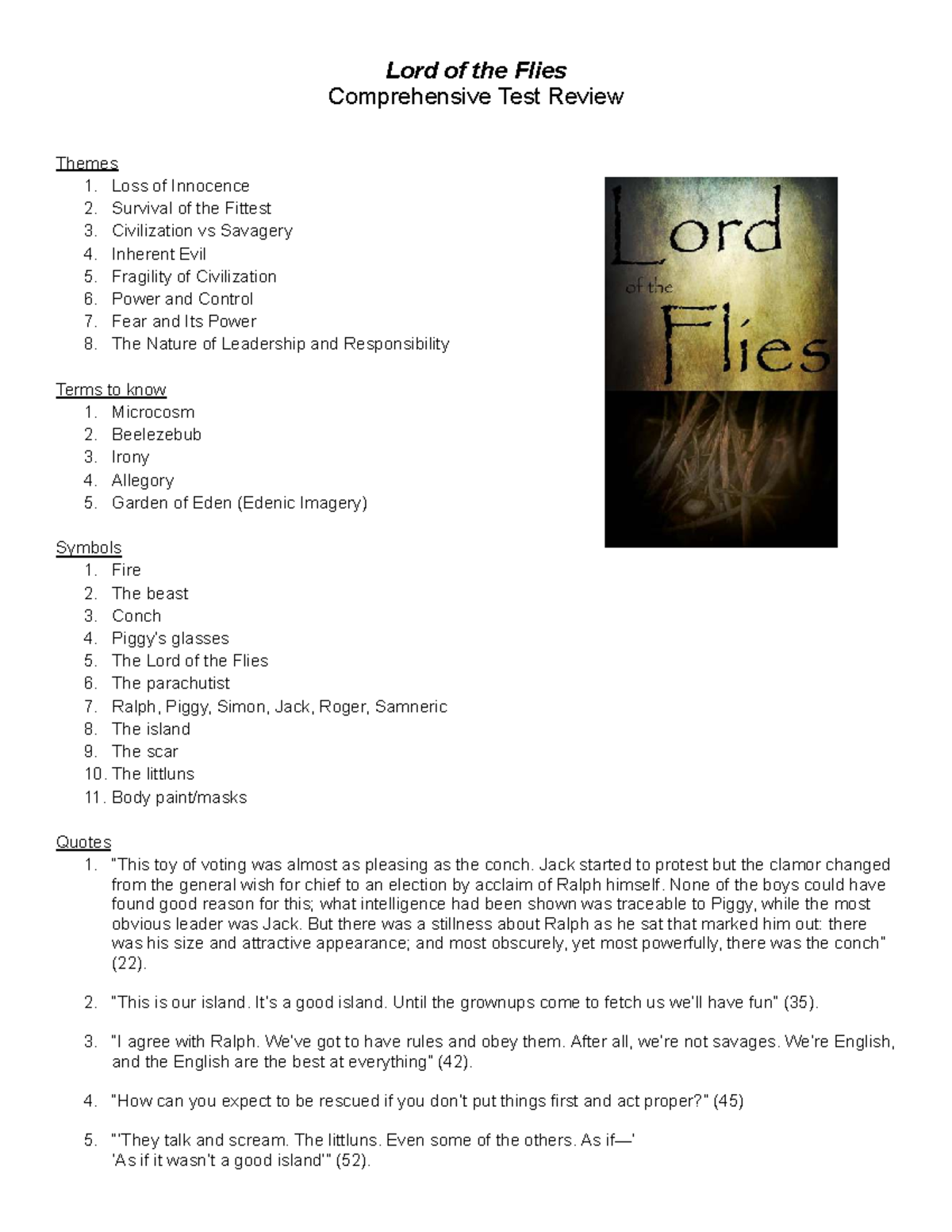 Lord of the Flies (ENG101) Comprehensive Test Review: Themes & Symbols ...