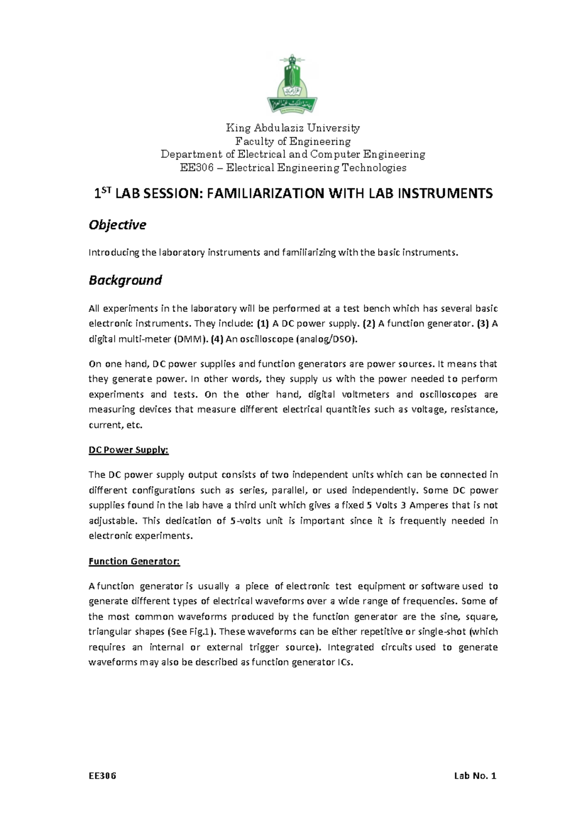 EE306 Lab1 Familiarization+with+Lab+Instruments - King Abdulaziz ...