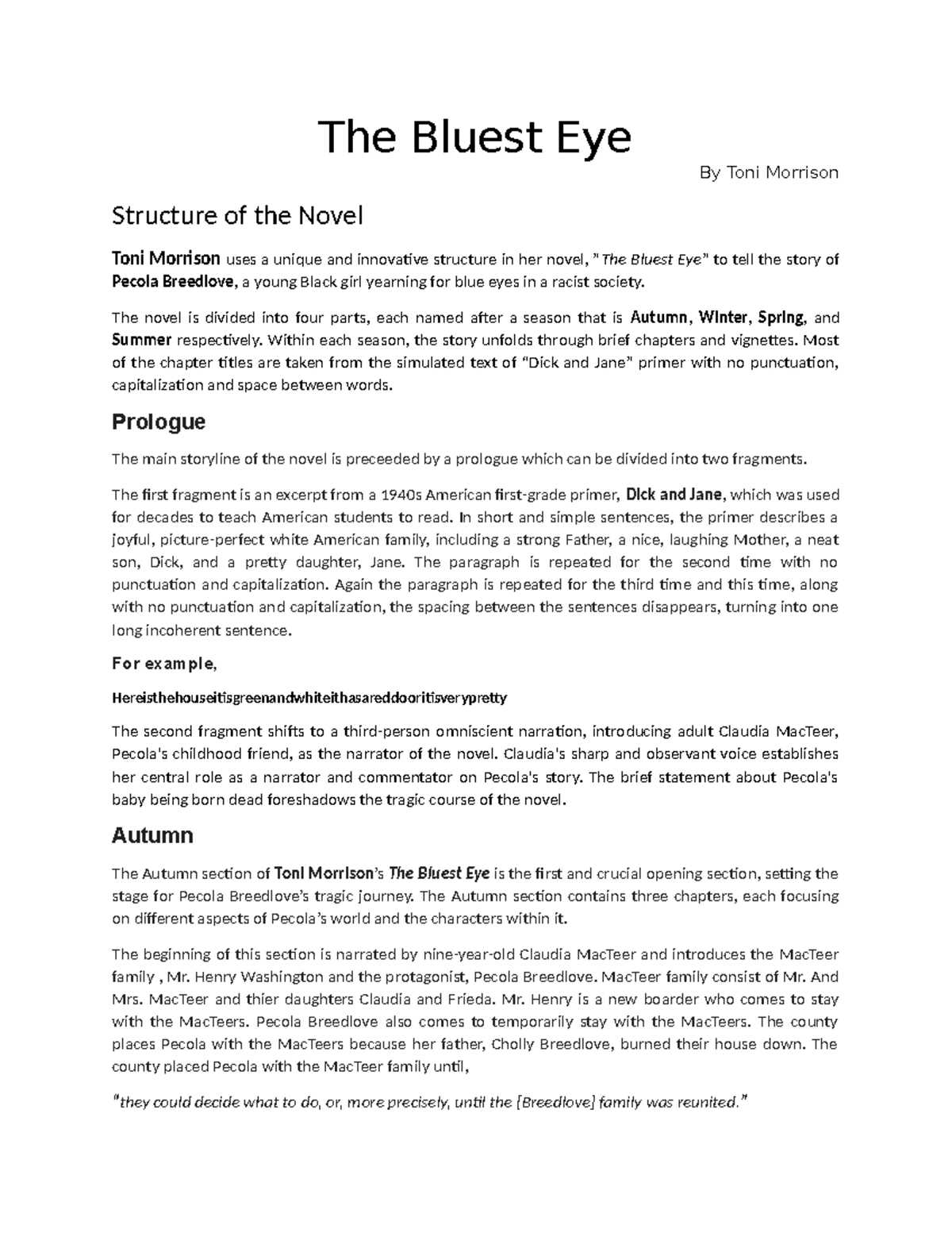 The Bluest Eye (Toni Morrison) - Analysis of Novel Structure - Studocu