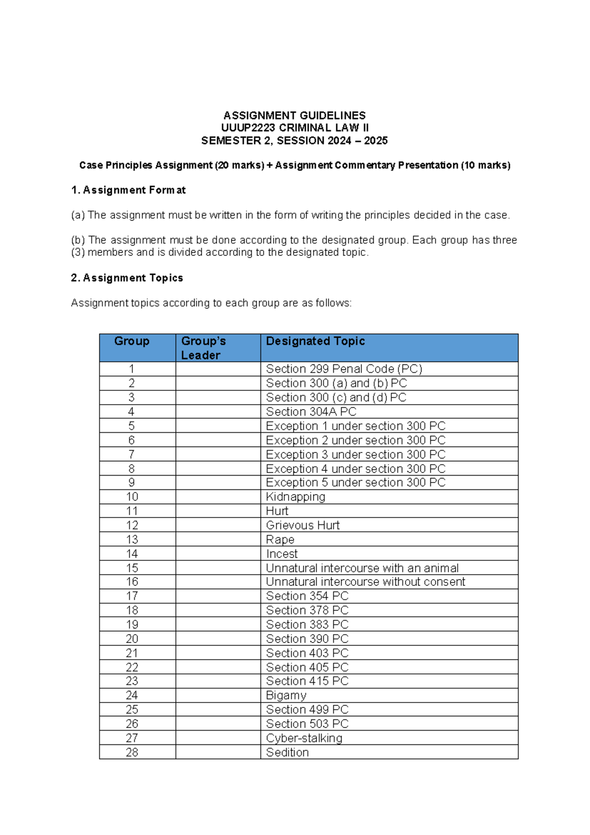 Guidelines for Group Assignment in UUUP2223 Criminal Law II - Studocu