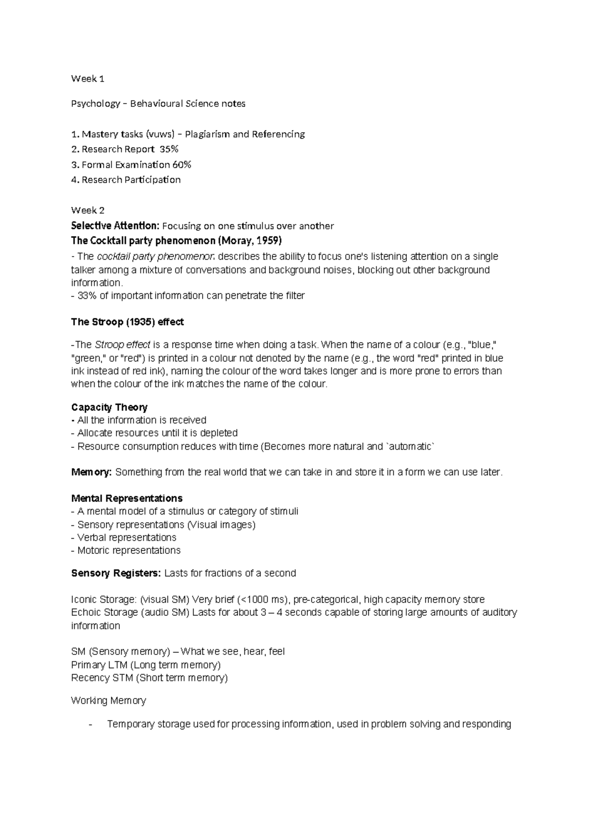 PSY101 Week 1 & 2 Behavioural Science Notes: Attention & Memory - Studocu