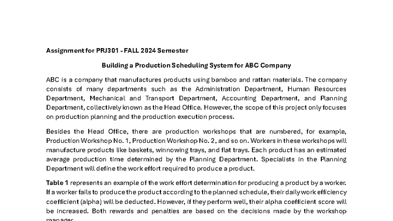 Production Scheduling System Assignment for PRJ301 FALL 2024 - Studocu
