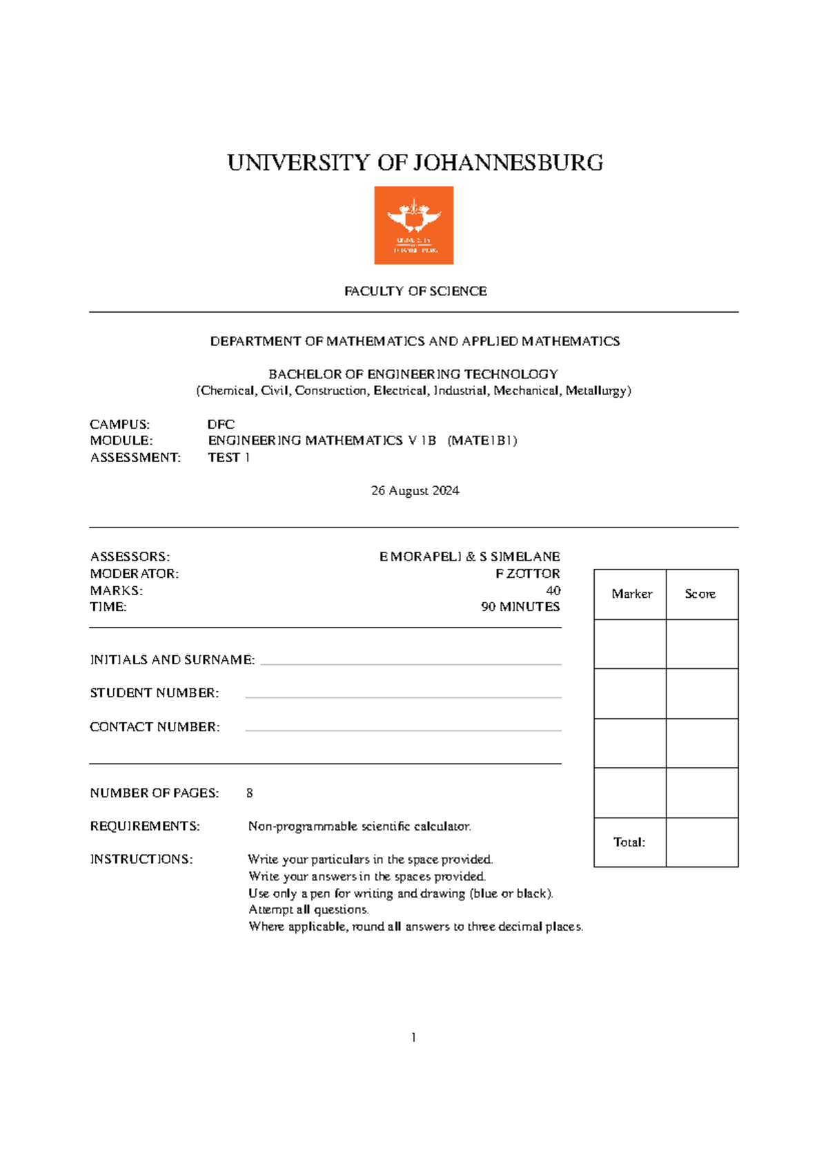 MATE1B1 Test 1 - Engineering Mathematics Practice Paper - Studocu