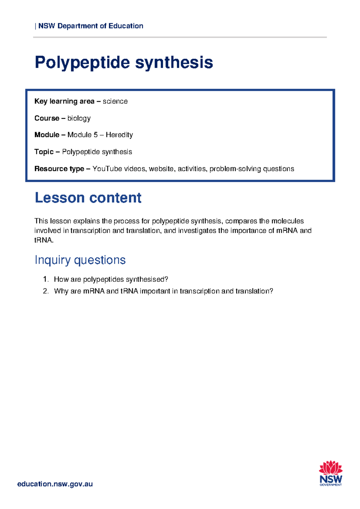 Polypeptide Synthesis in HSC Biology Module 5: Key Concepts and ...