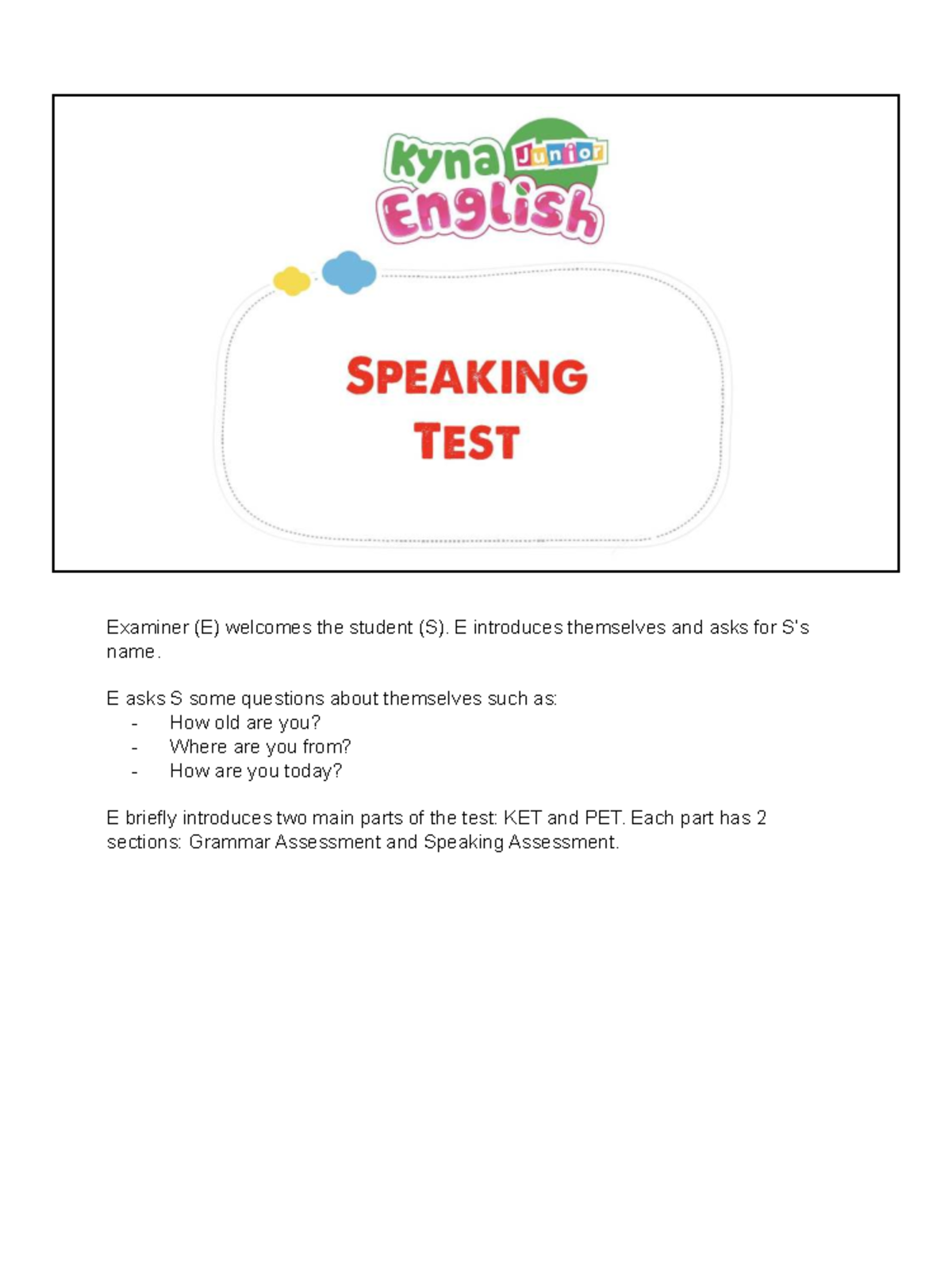 KET & PET Speaking and Grammar Assessment Guide for Students - Studocu