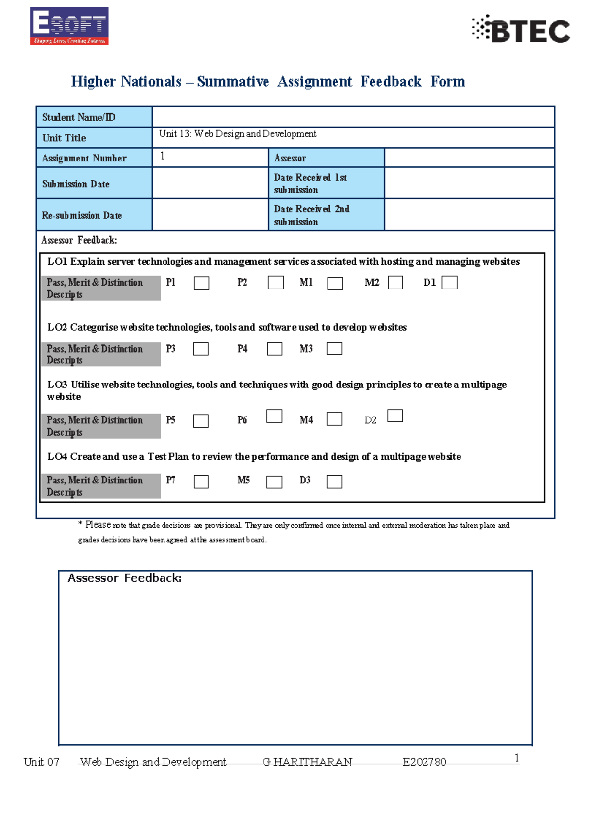 Web development - Higher Nationals – Summative Assignment Feedback Form ...