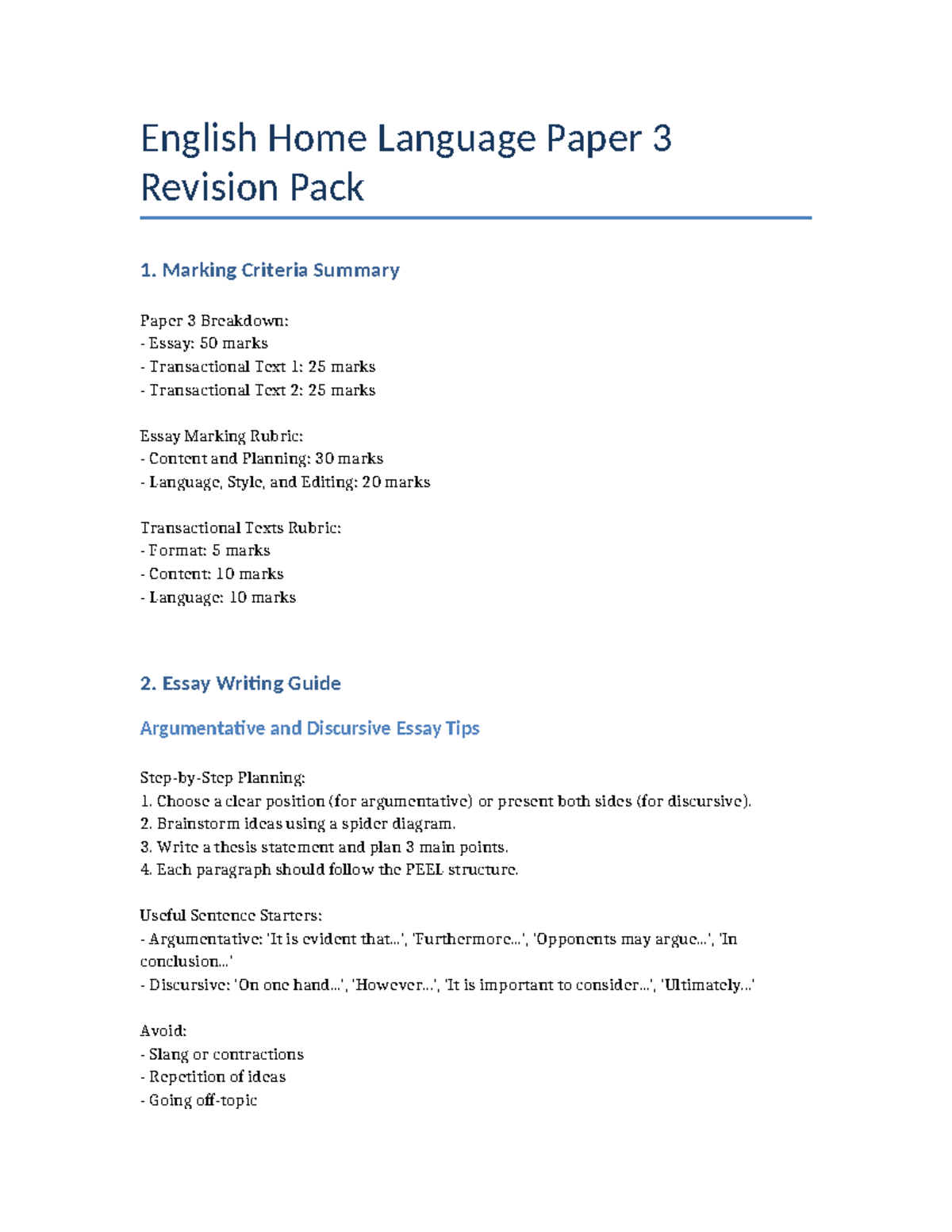 English Home Language Paper 3 Revision Pack: Essay & Transactional ...