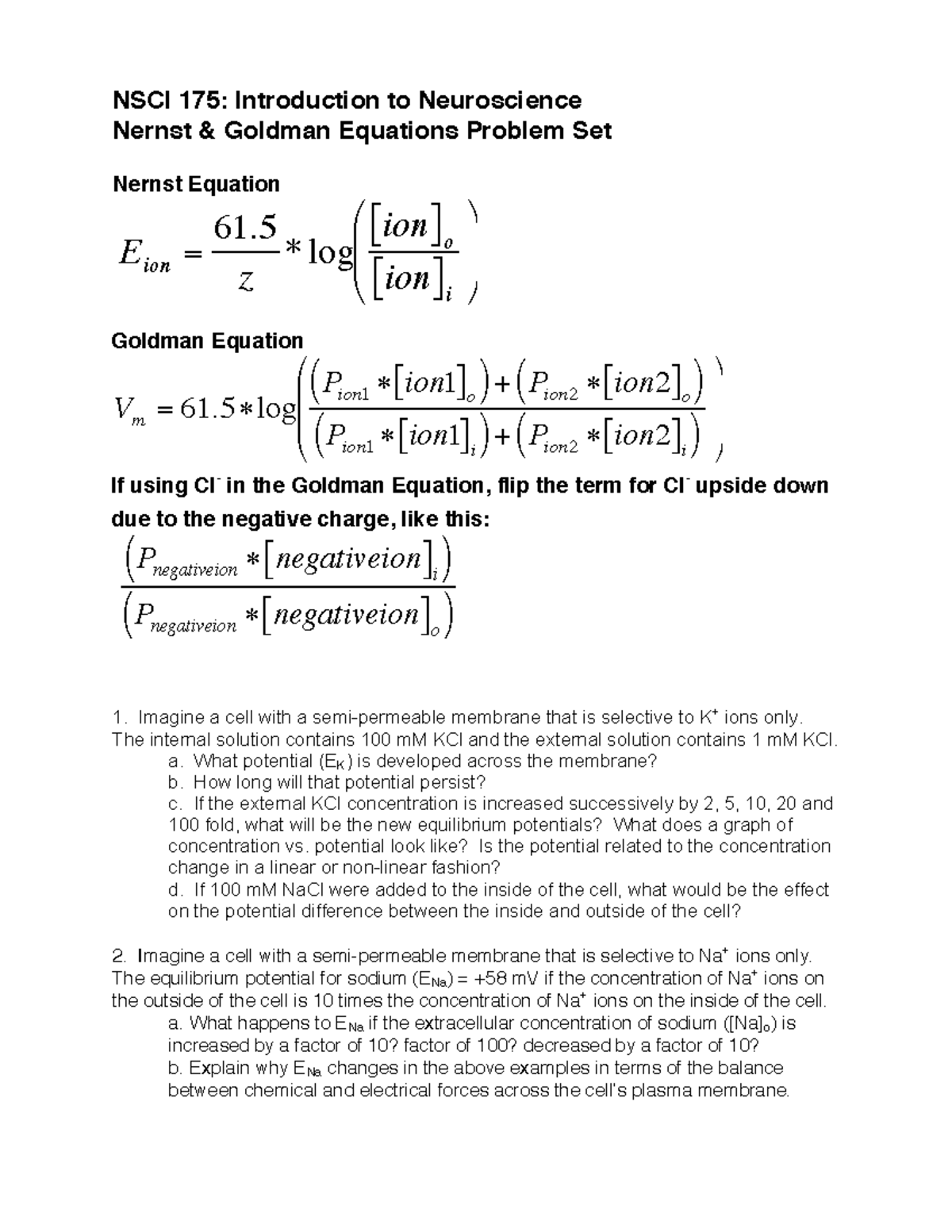 NSCI 175: Nernst & Goldman Equation Problem Set Solutions - Studocu