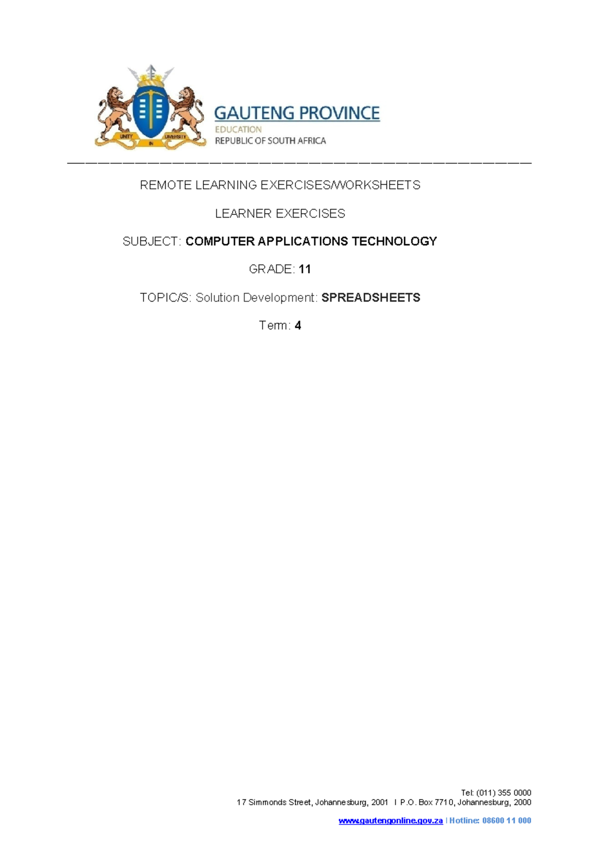 CAT Grade 11 Term 4 Solution Development: Spreadsheet Tasks - Studocu
