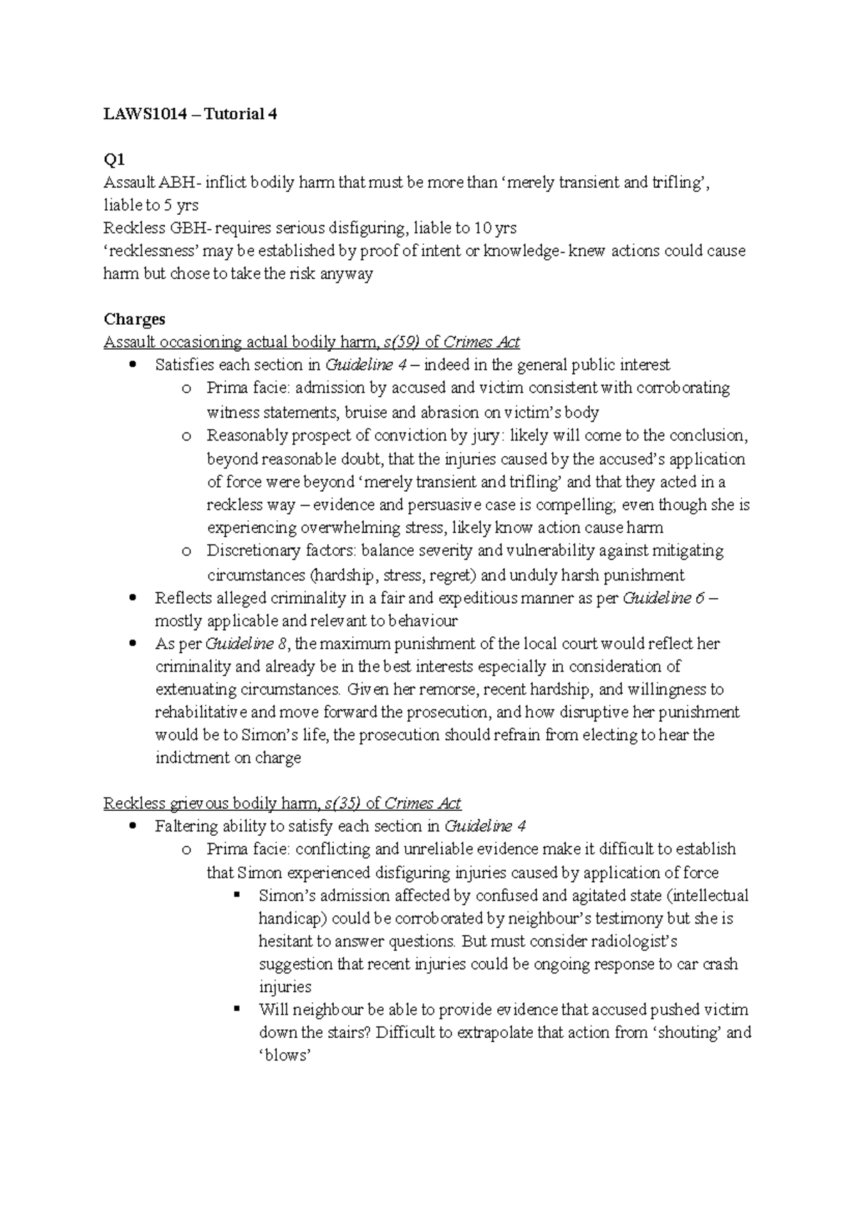 LAWS1014 - Tutorial 4 - LAWS1014 – Tutorial 4 Q Assault ABH- inflict ...