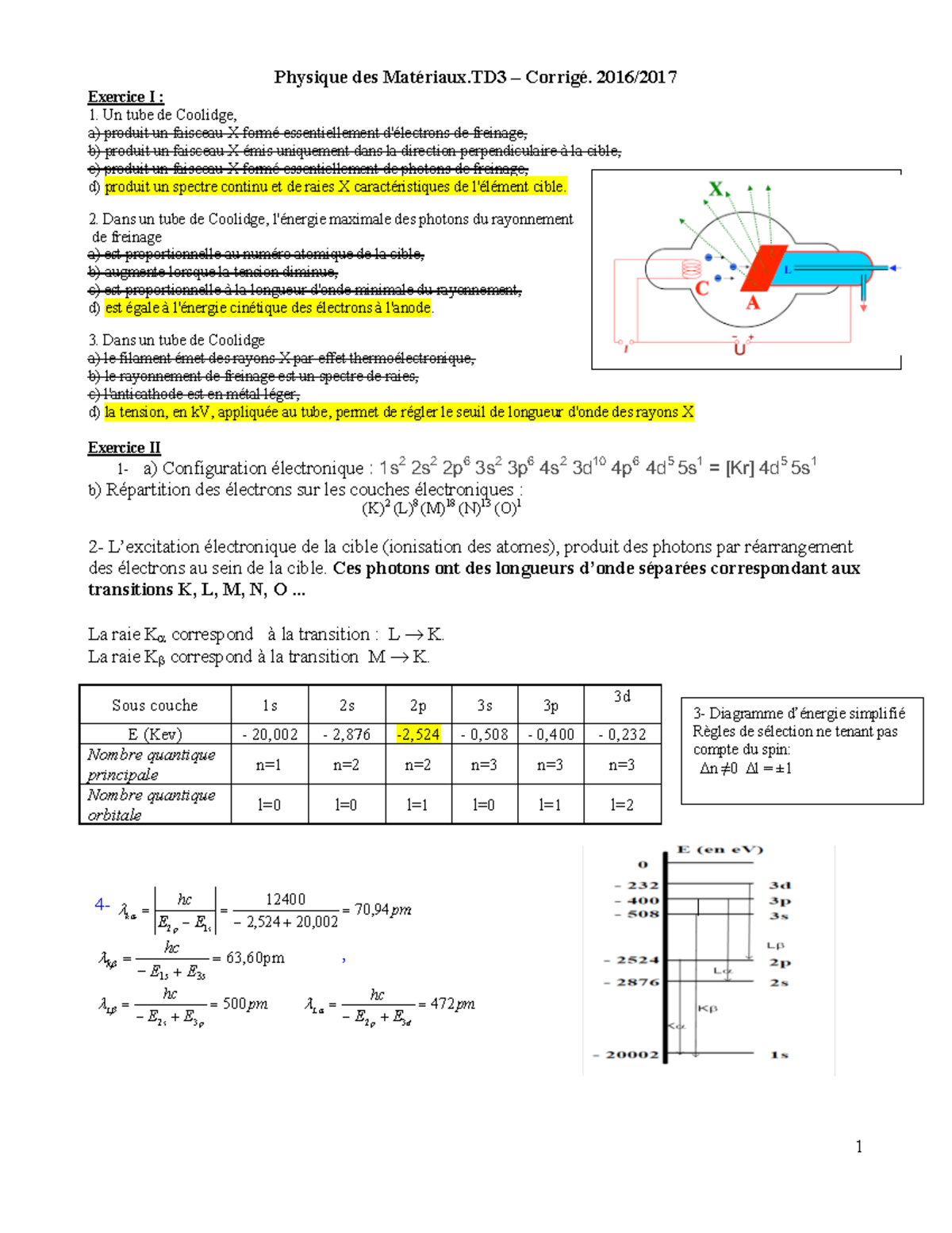 TD 3 Corrigé - Physique des Matériaux – Corrigé. 2016/ ####### Exercice ...
