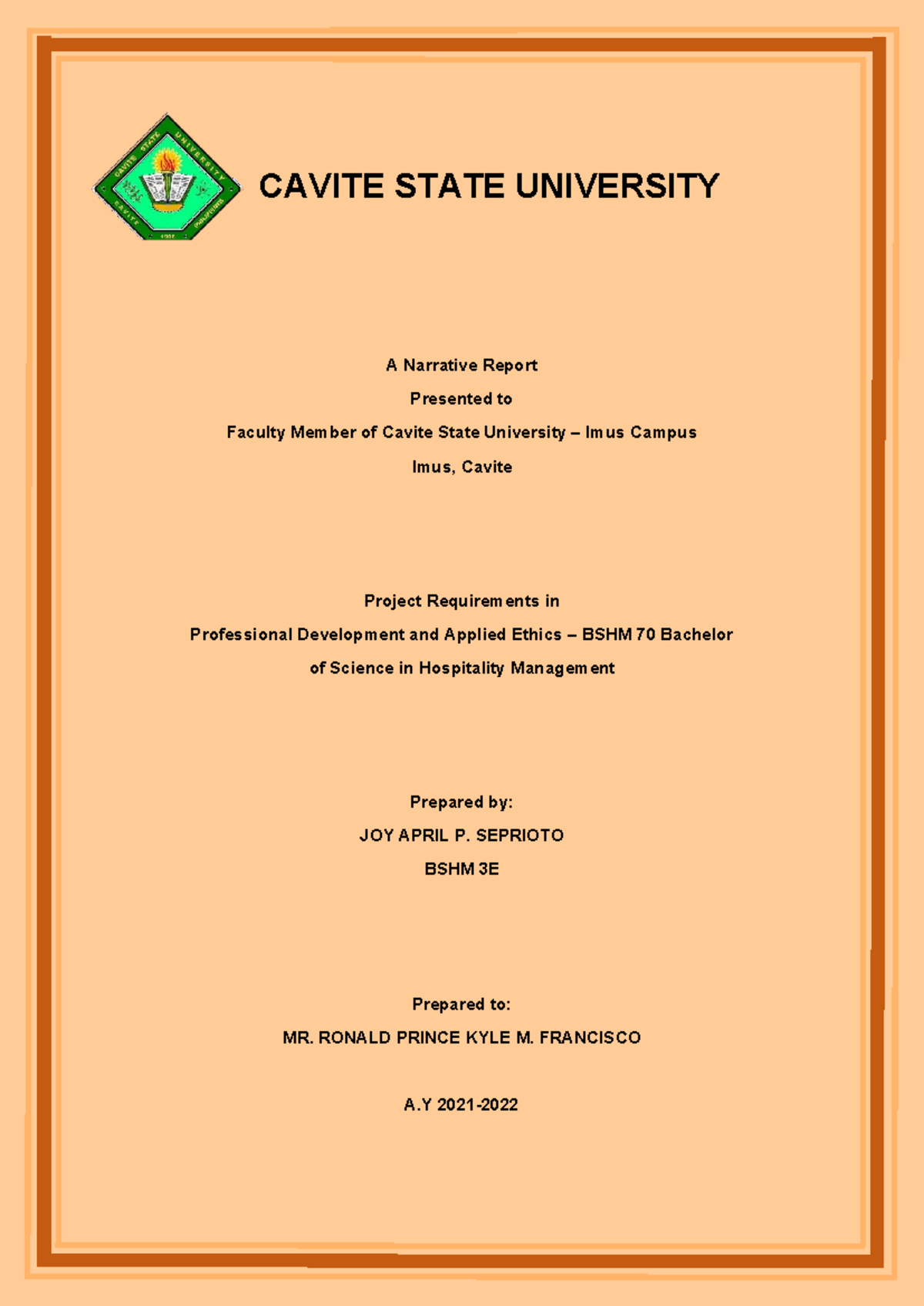 Narrative Report on Professional Development & Ethics - BSHM 70 - Studocu