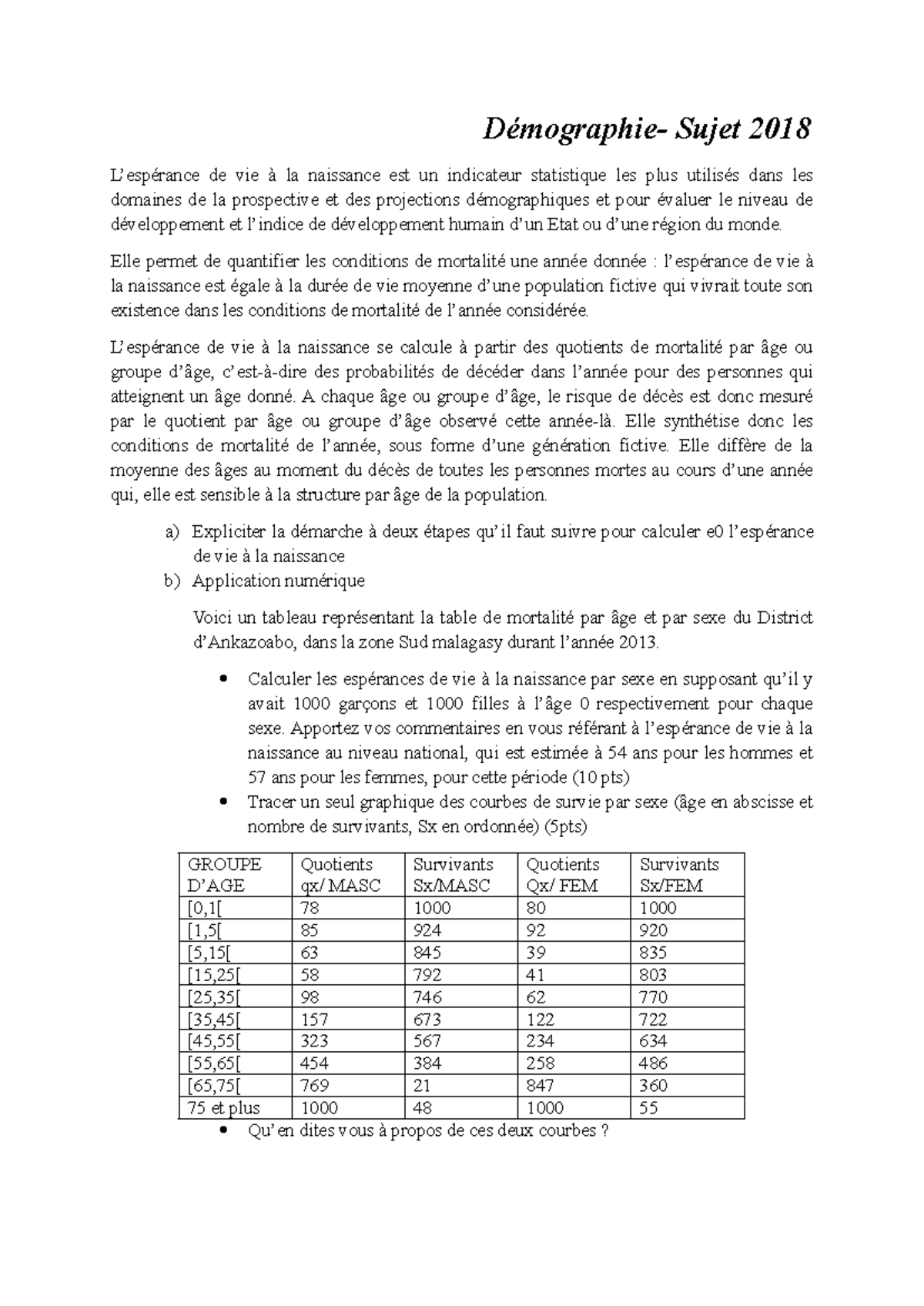 Démographie Sujet: Espérance de Vie et Tables de Mortalité (Exercice ...