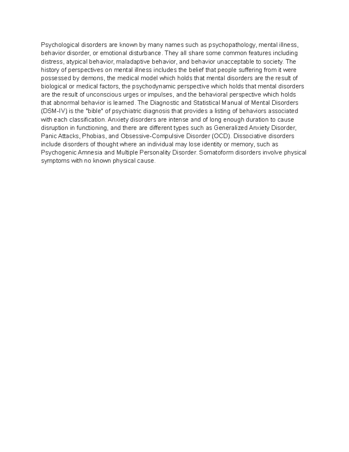 Psychological Disorders Overview - Wk 16 Study Notes - Studocu