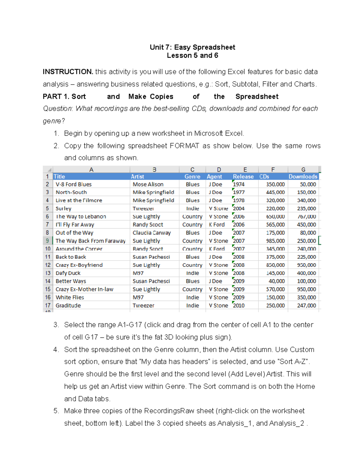 Unit7 easy Spreadsheet activity - Unit 7: Easy Spreadsheet Lesson 5 and ...