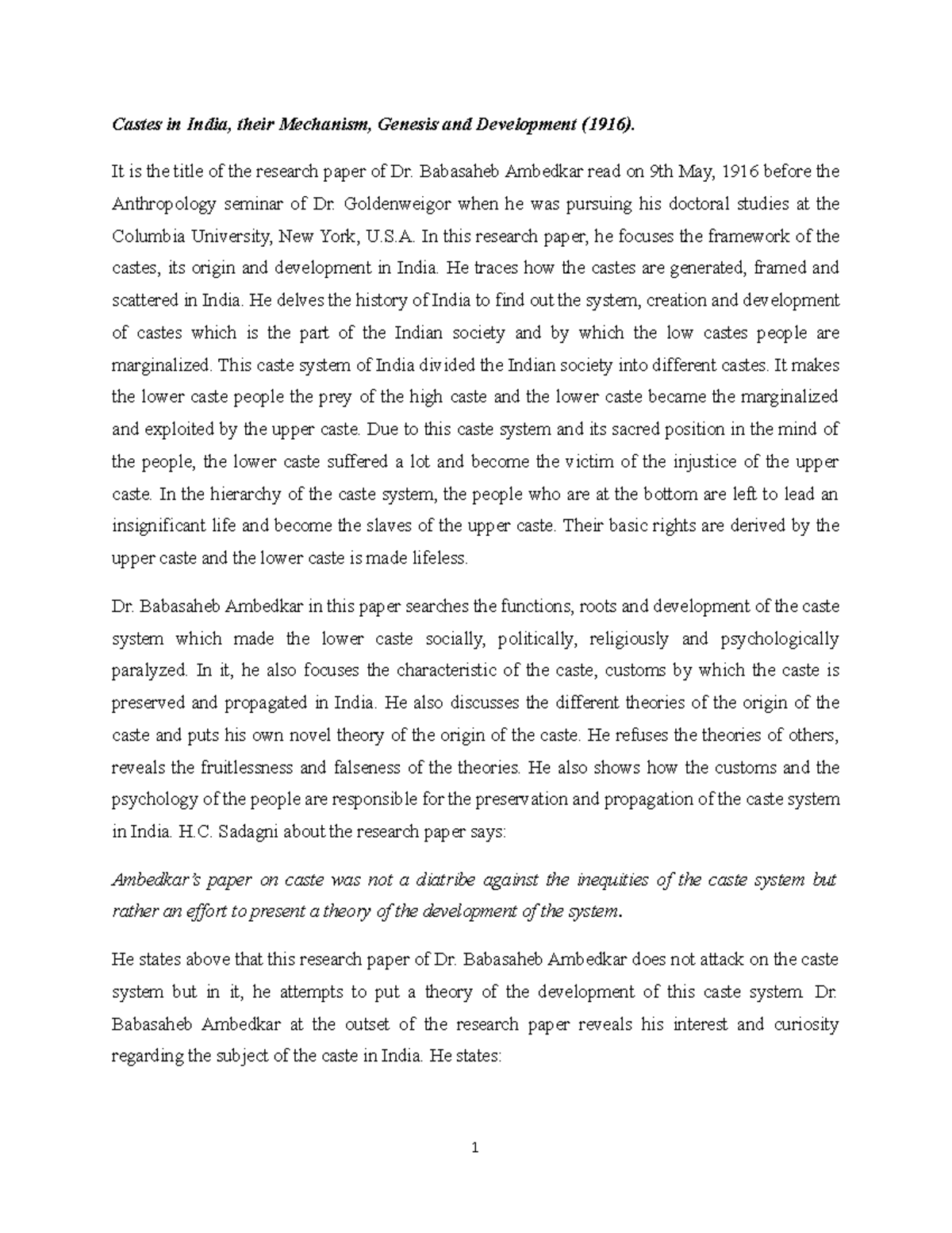 Caste in India -Reading - Castes in India, their Mechanism, Genesis and ...