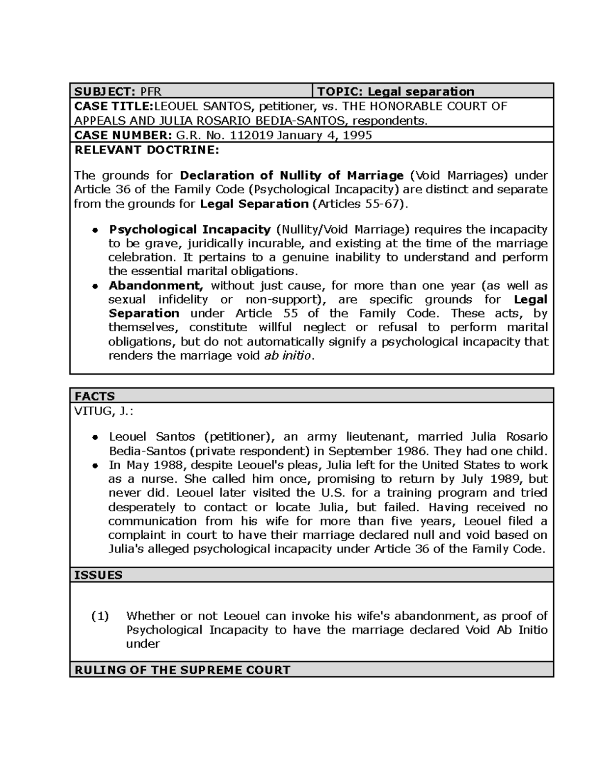 PFR Case Digest: Santos vs. CA on Legal Separation & Nullity - Studocu
