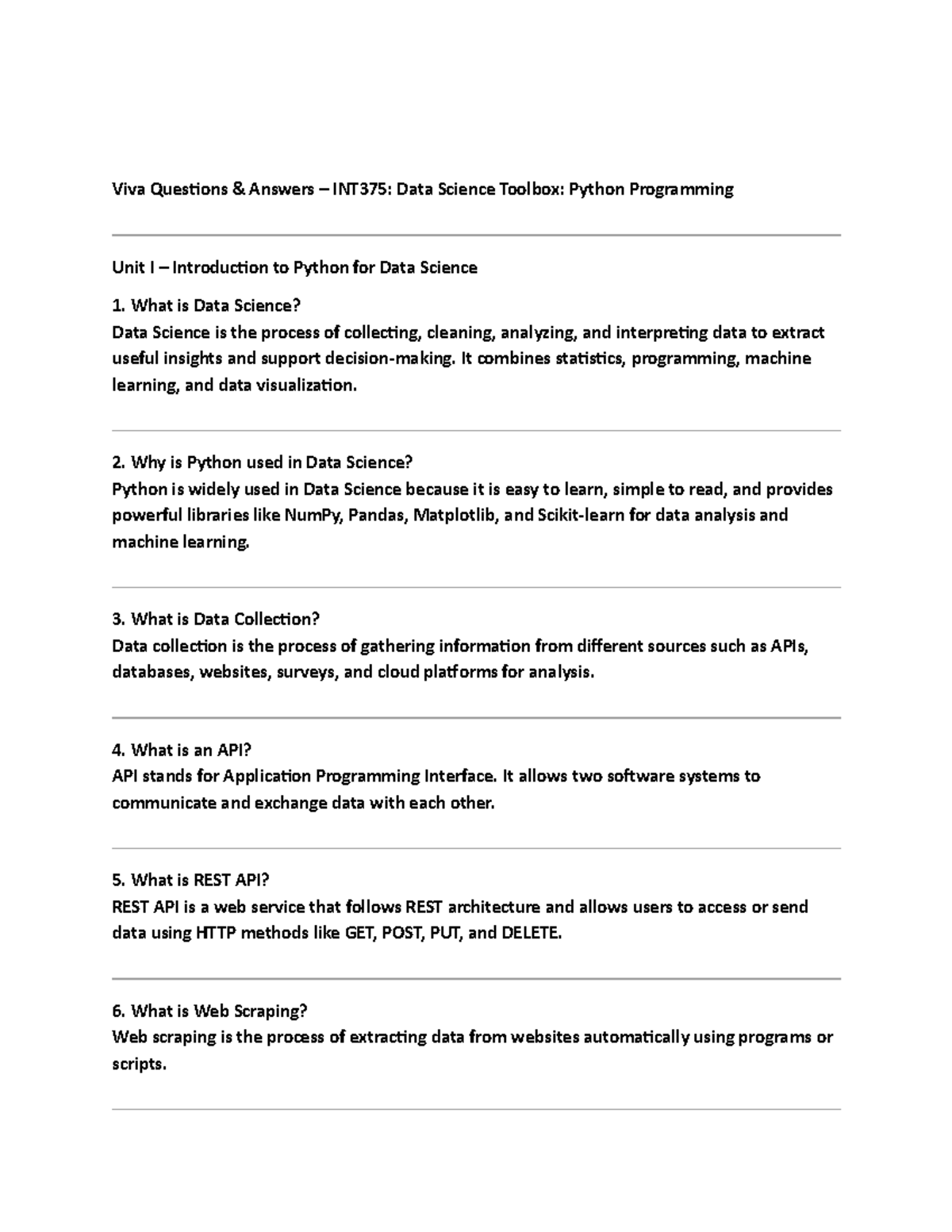 Viva Questions & Answers for INT375: Data Science Toolbox - Studocu