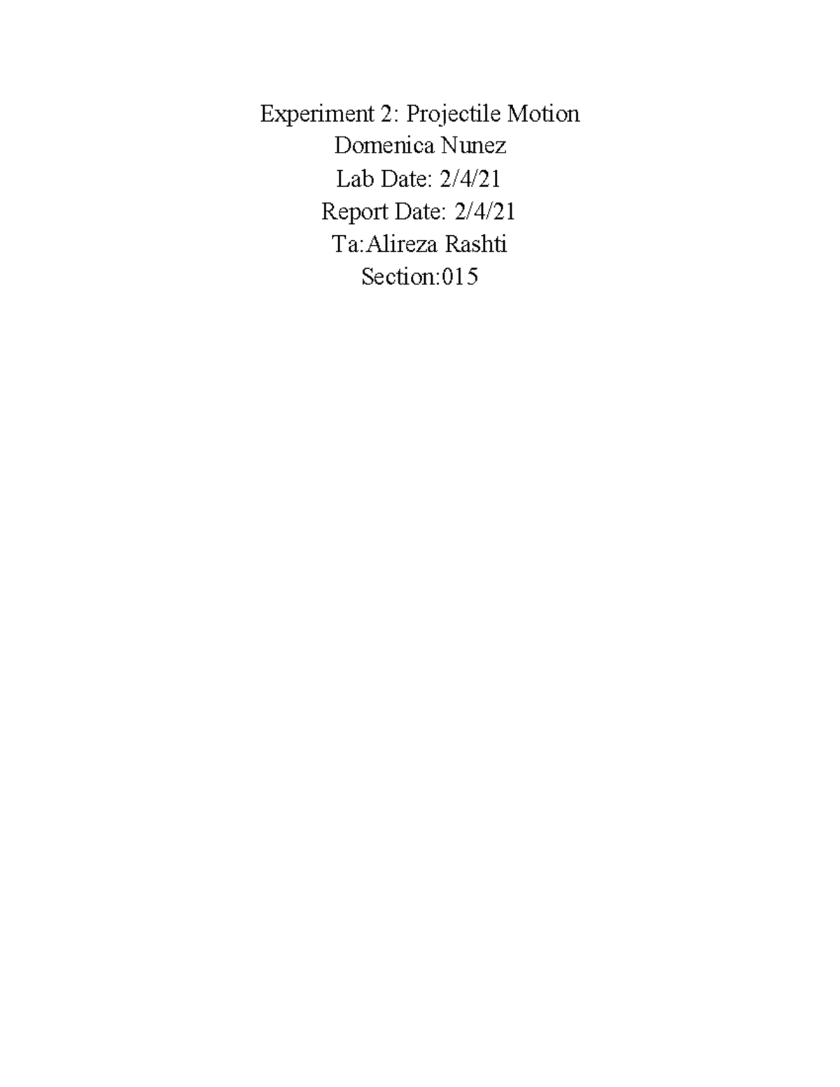 Experiment 2 Projectile Motion - Experiment 2: Projectile Motion ...