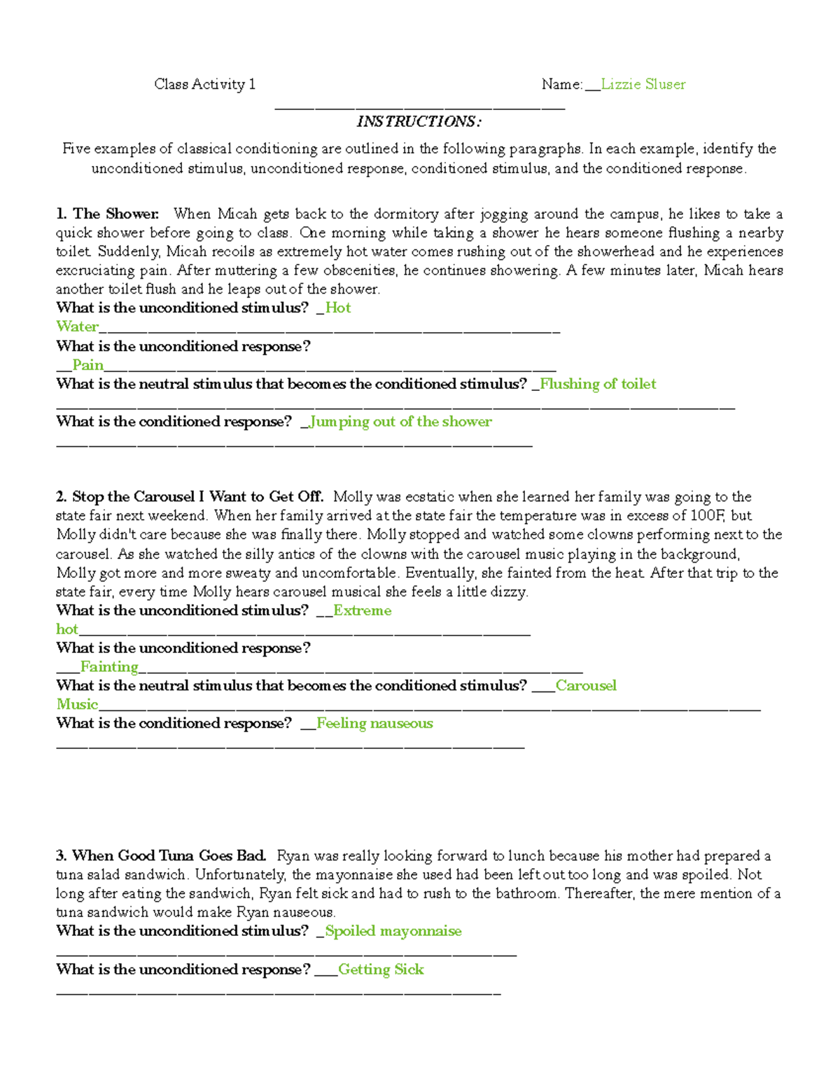 Class Activity 1 - Classical Conditioning Examples - Studocu