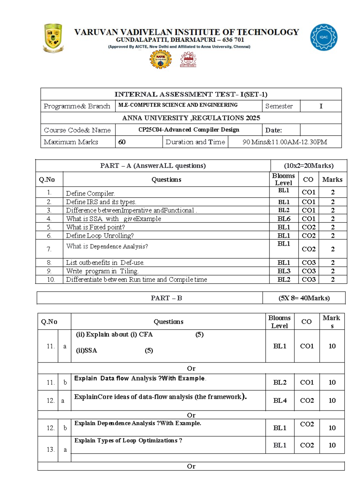 Advanced Compiler Design Internal Assessment - SCIENCE AND ENGINEERING ...