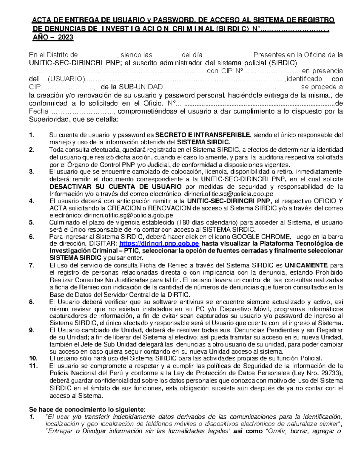 ACTA DE ENTREGA DE USUARIO y PASSWORD - SISTEMA SIRDIC 2023 - Studocu