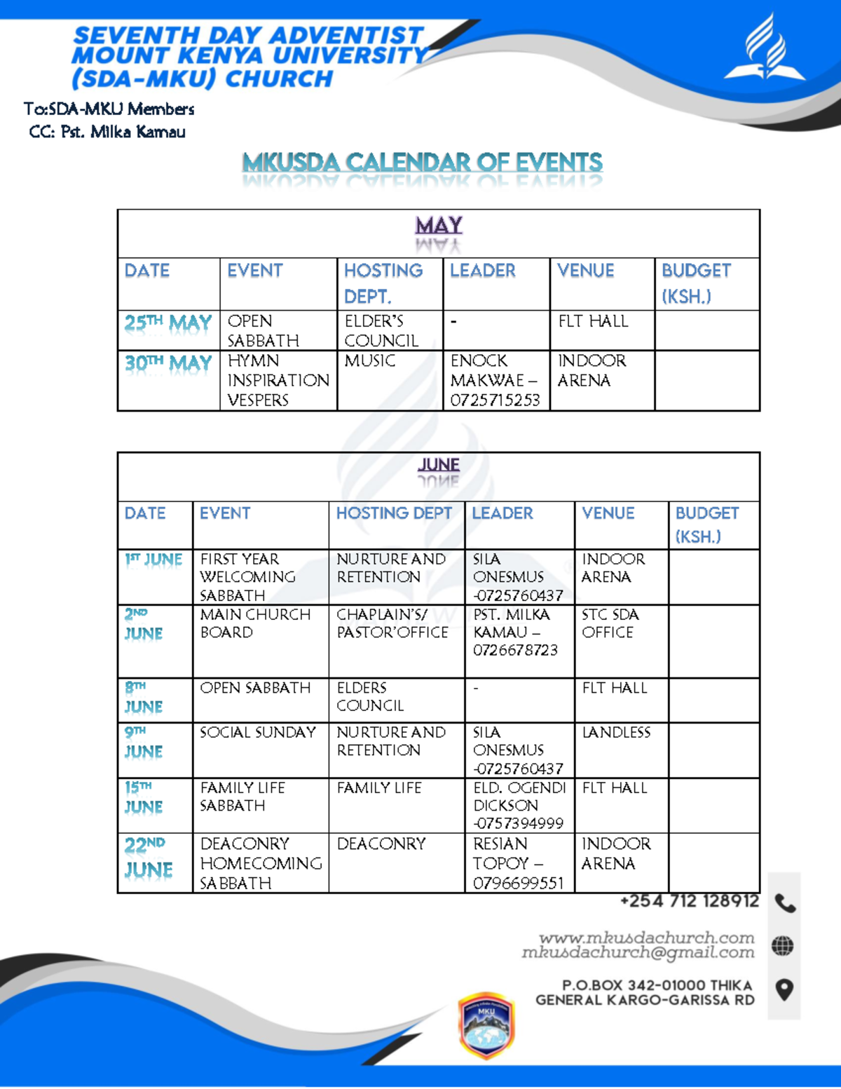 SDA MKU Calendar of Events for Members and Activities - Studocu