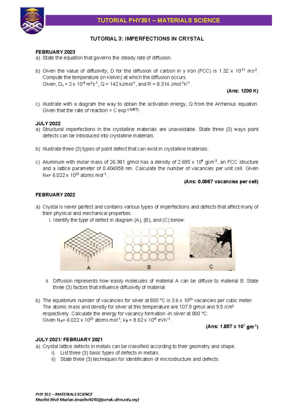 PHY351 Materials Science Tutorial 3: Crystal Imperfections & Diffusion ...