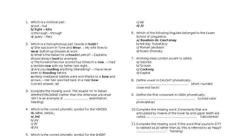 Phonetics and Phonology 2024 - Mock Test with Answers - Studocu