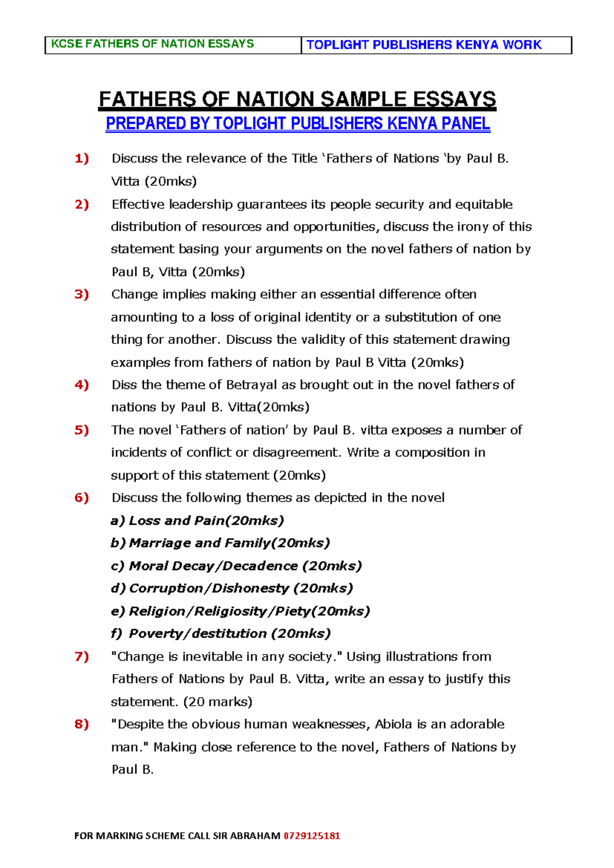 KCSE Fathers of Nations Essay Questions - Toplight Publishers Kenya ...